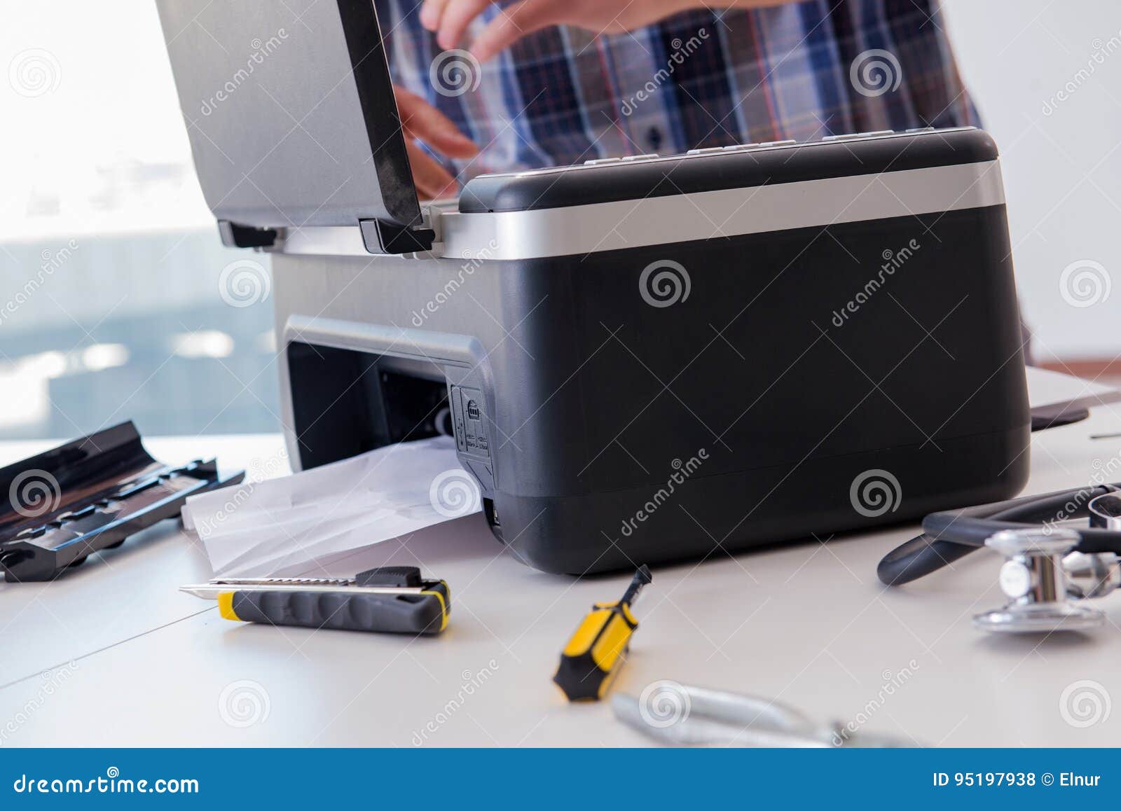 The Repairman Repairing Broken Color Printer Stock Photo - Image of ...