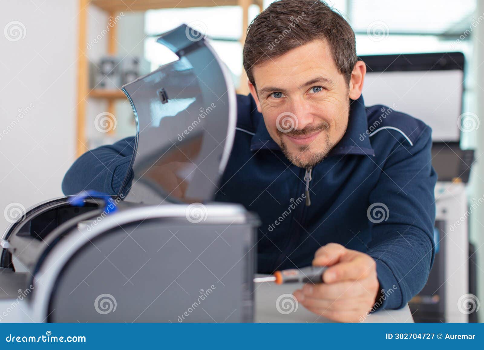 Repairman Repairing Broken Printer Fax Machine Stock Image - Image of ...