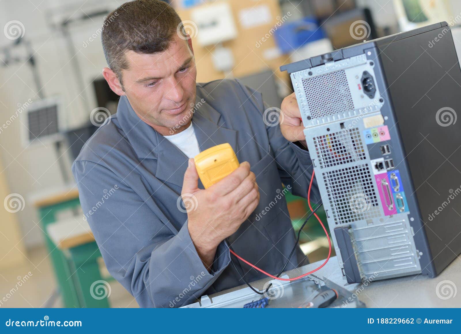 Repairman Testing Computer with Multimeter Stock Photo - Image of tool ...