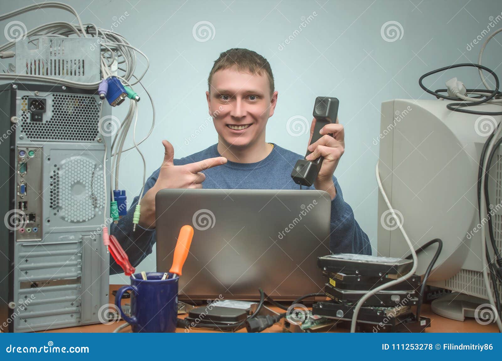 Repairman Working on Laptop Computer. Stock Photo - Image of call ...