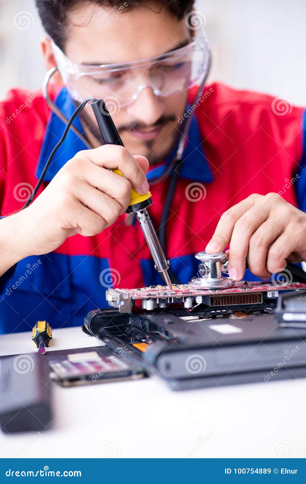 Repairman Working in Technical Support Fixing Computer Laptop Tr Stock ...