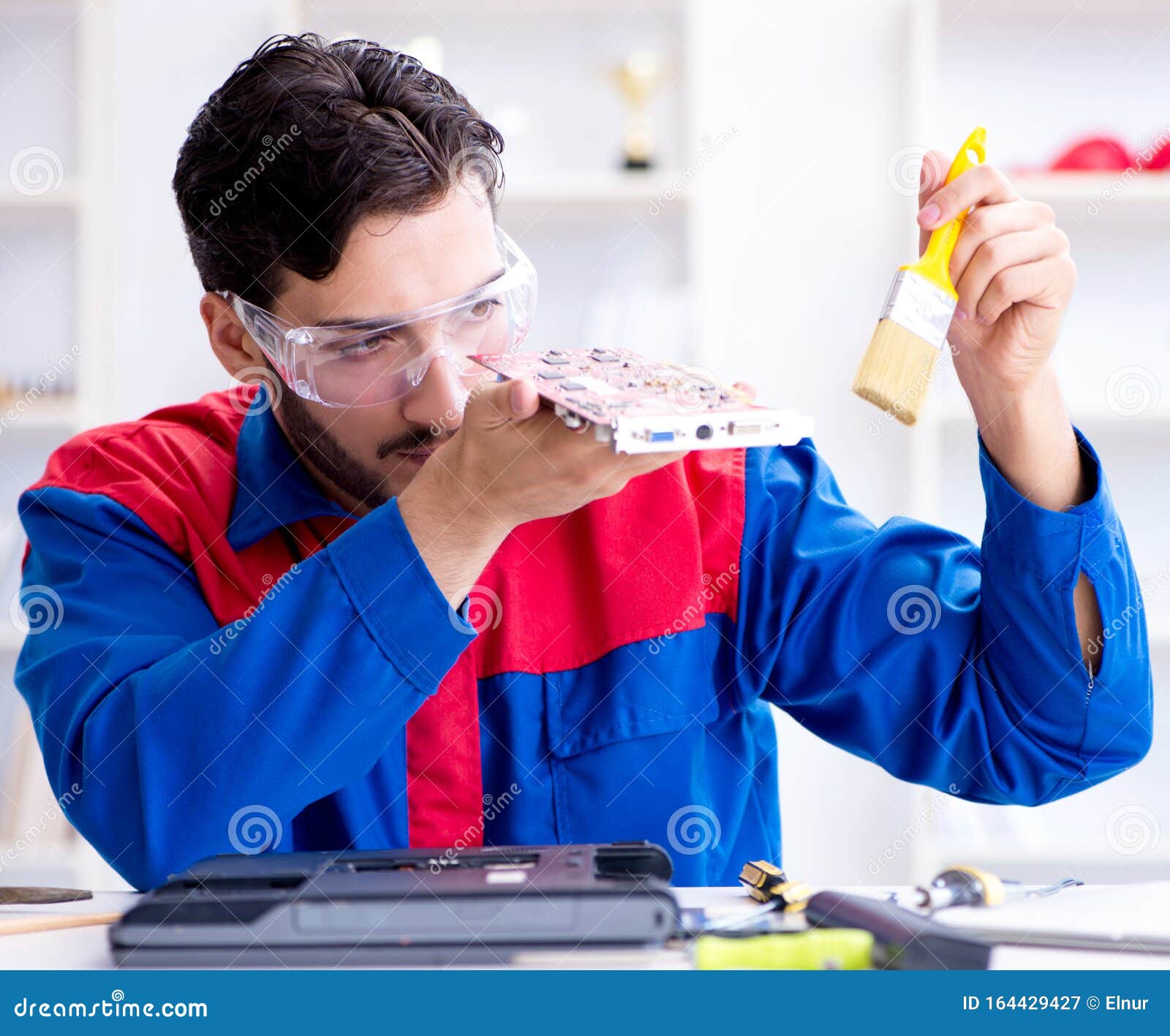 Repairman Working in Technical Support Fixing Computer Laptop Tr Stock ...