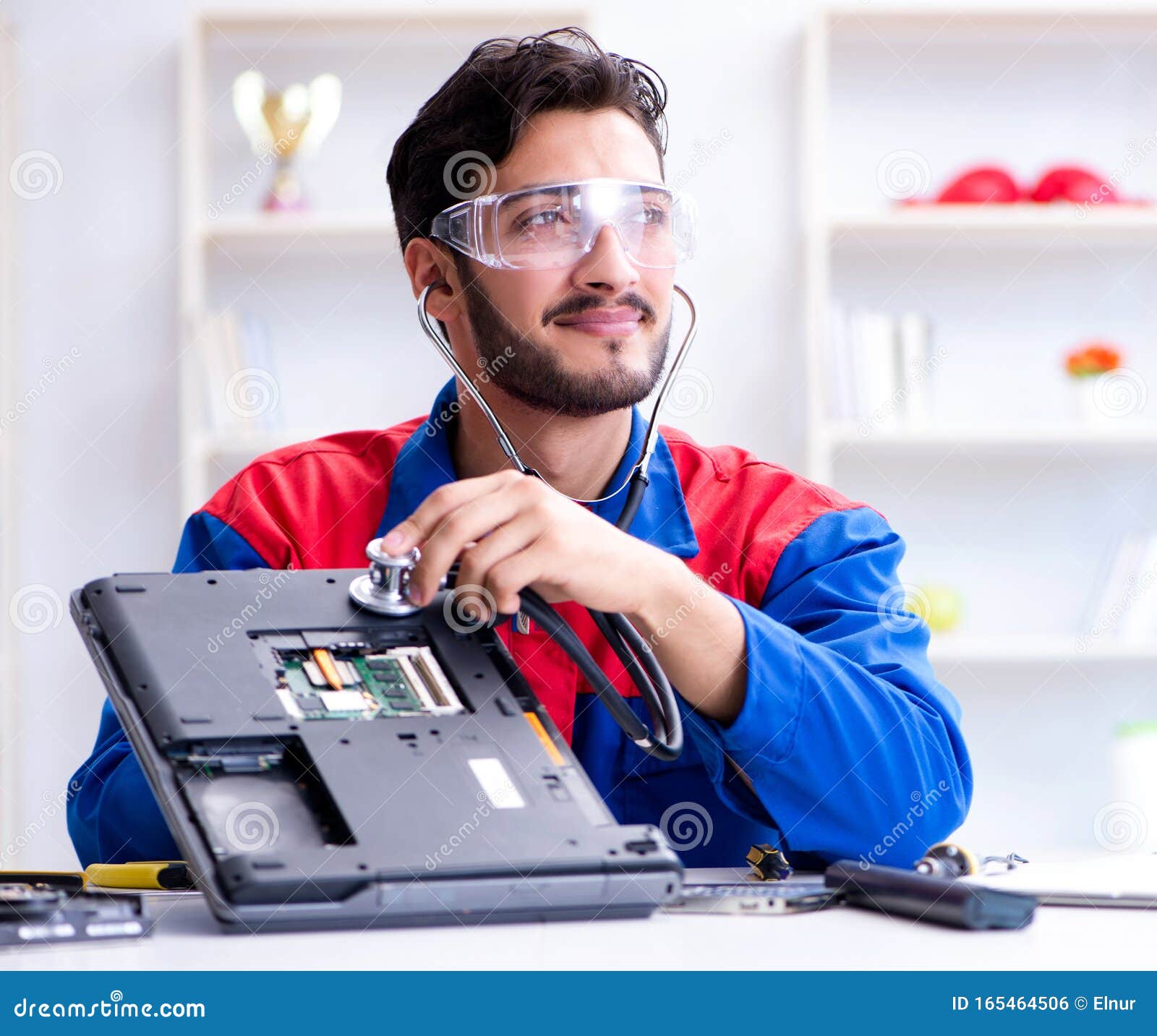 Repairman Working in Technical Support Fixing Computer Laptop Tr Stock ...