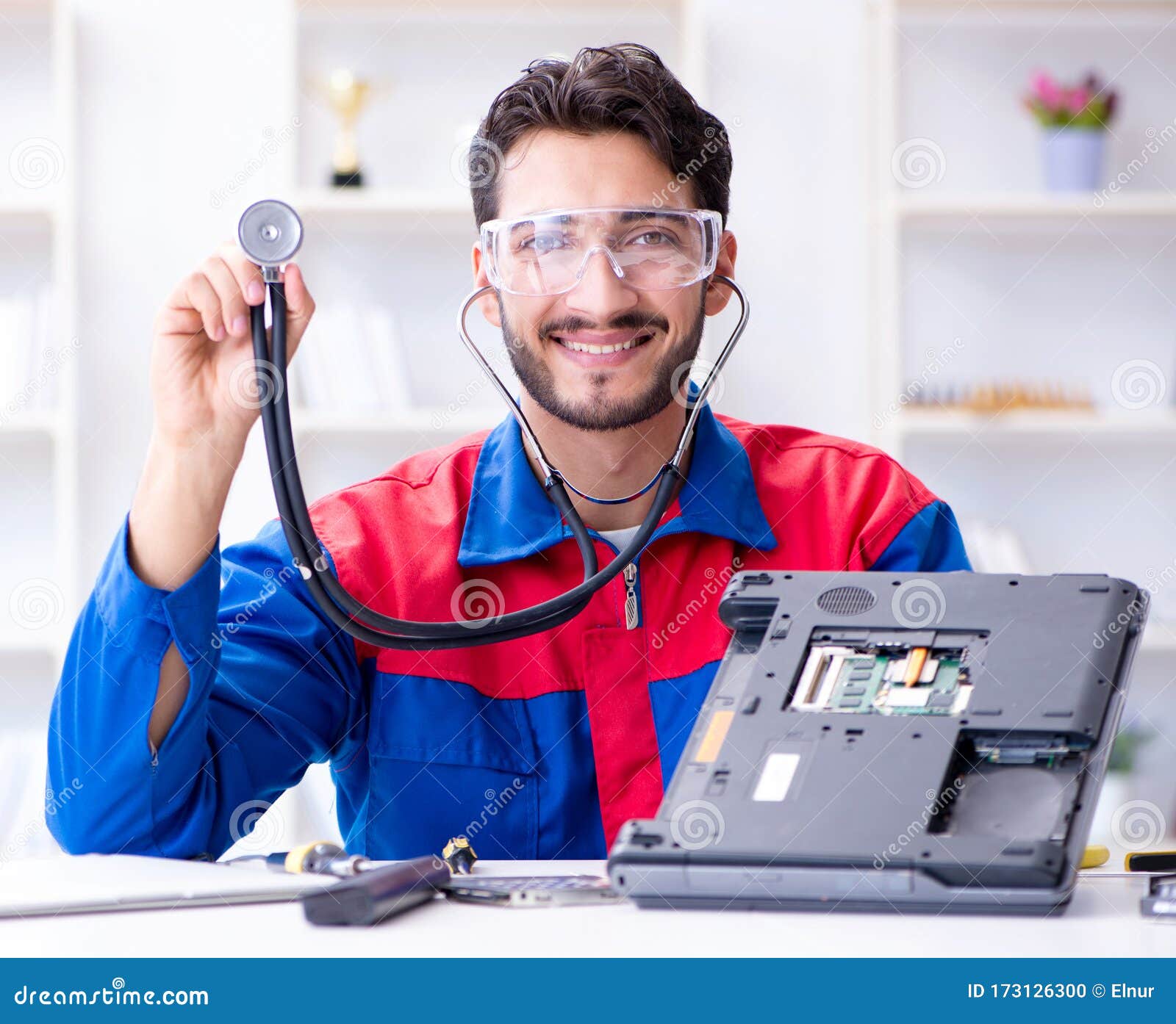 Repairman Working in Technical Support Fixing Computer Laptop Tr Stock ...