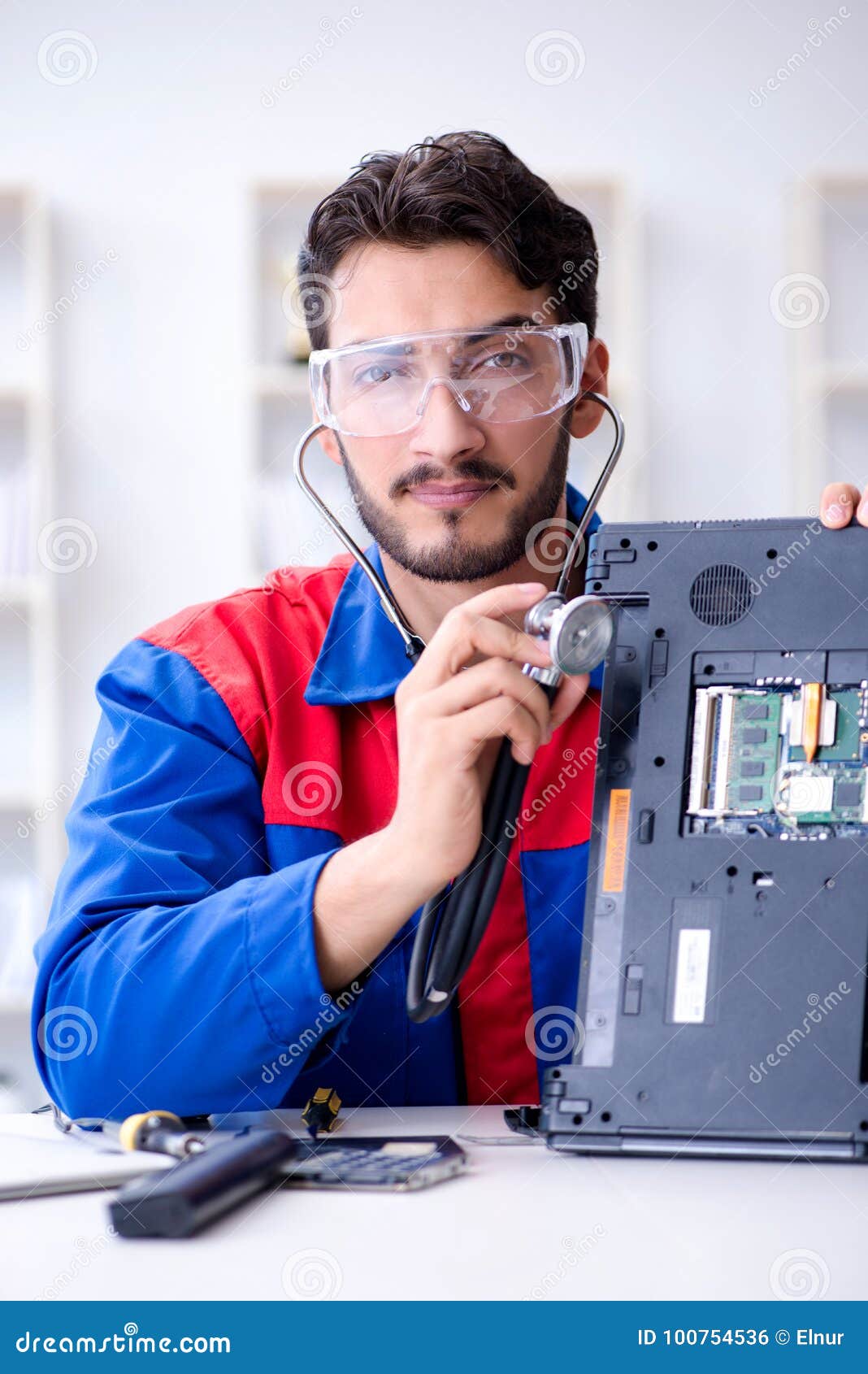 Repairman Working in Technical Support Fixing Computer Laptop Tr Stock ...