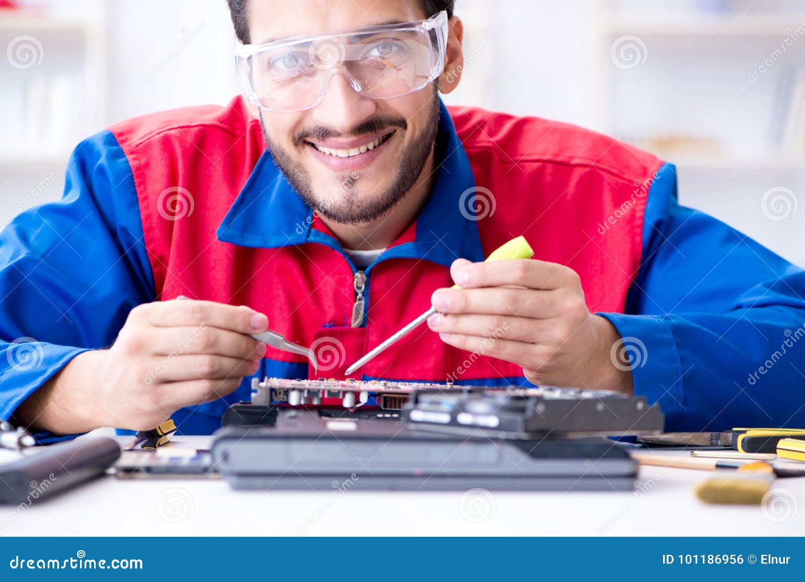 Repairman Working in Technical Support Fixing Computer Laptop Tr Stock ...