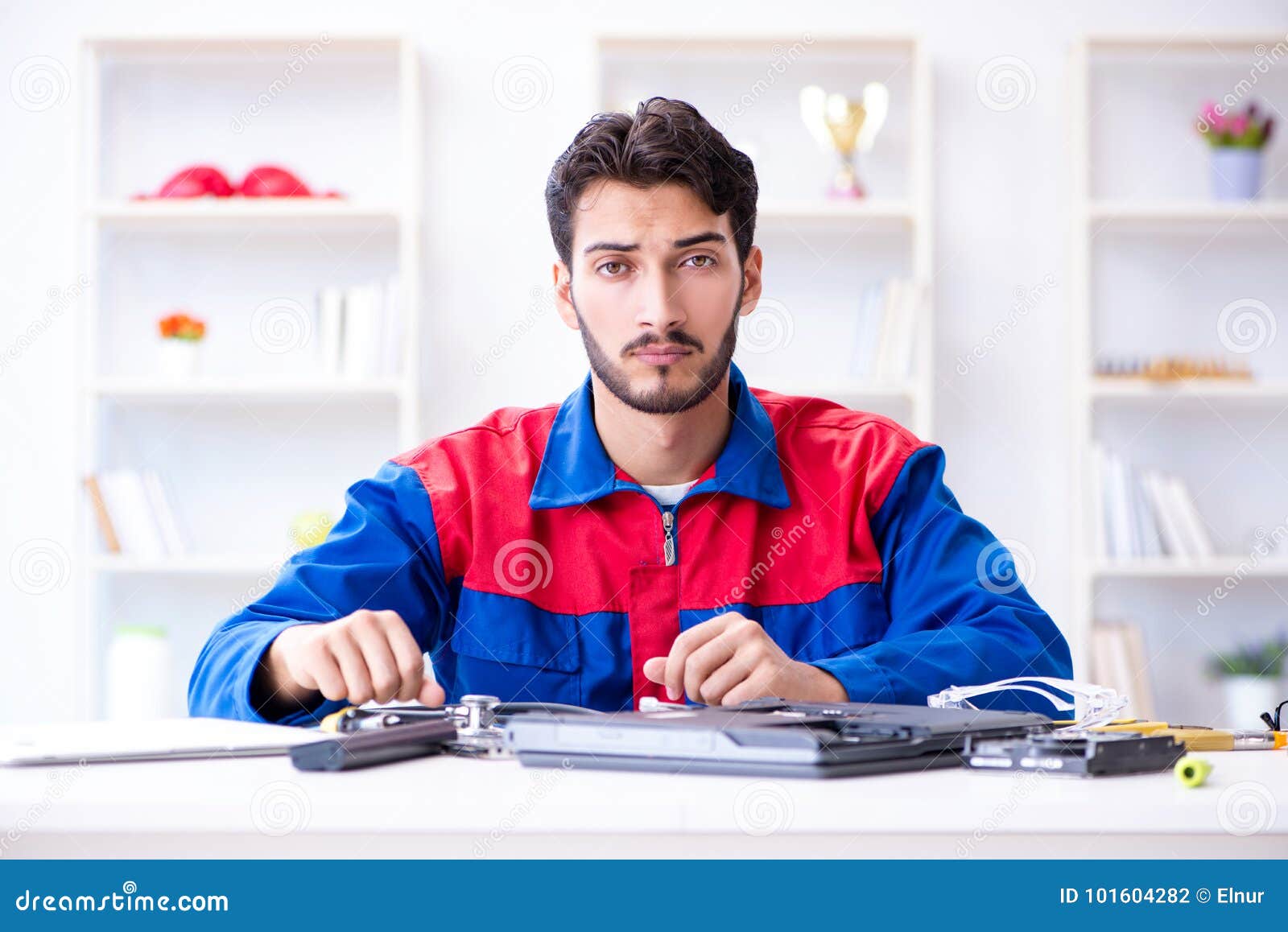 Repairman Working in Technical Support Fixing Computer Laptop Tr Stock ...