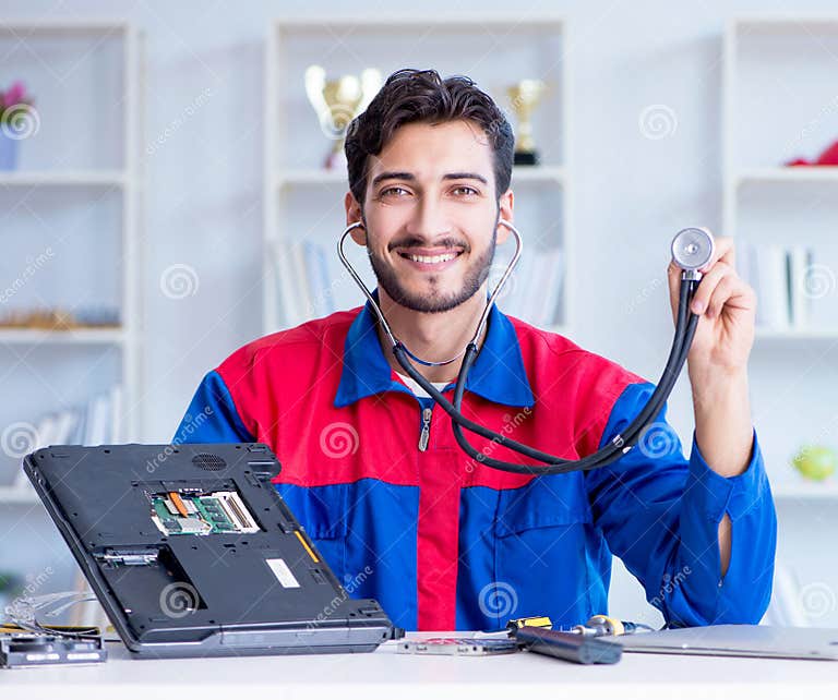 Repairman Working in Technical Support Fixing Computer Laptop Tr Stock ...