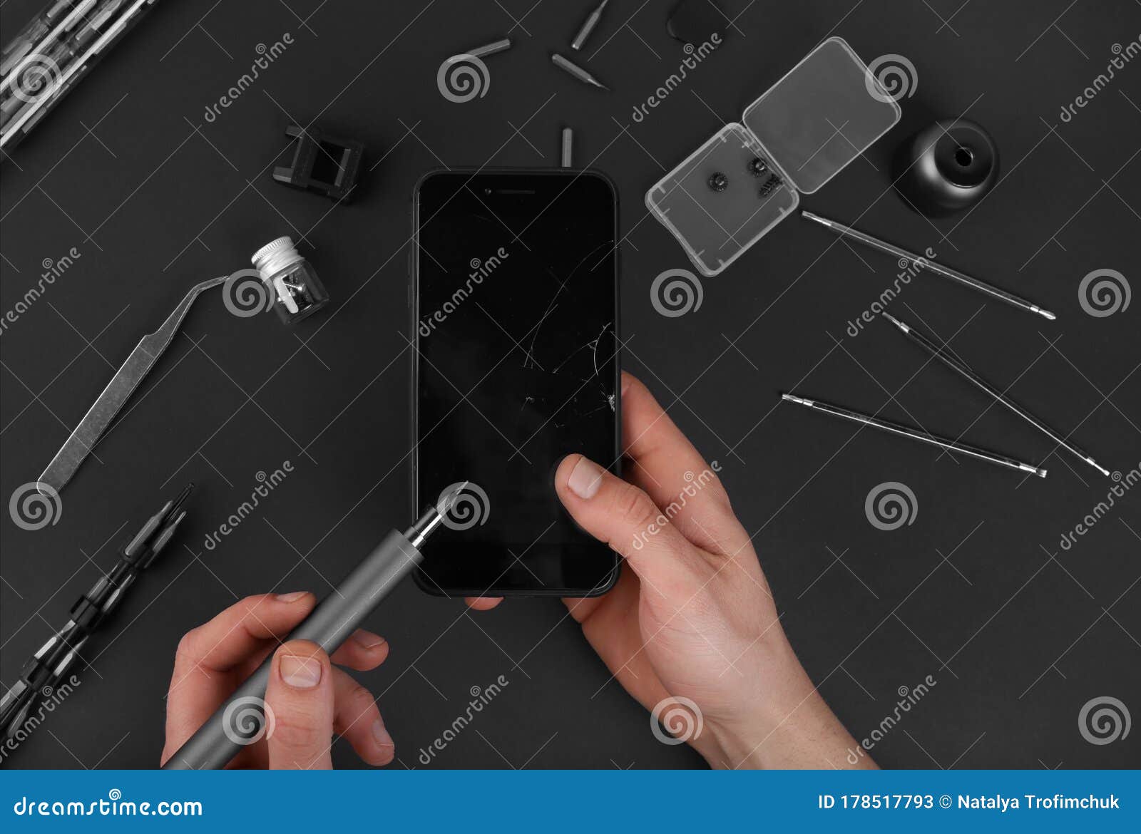 Repairman Workplace with Phone and Special Tools. Disassembled ...