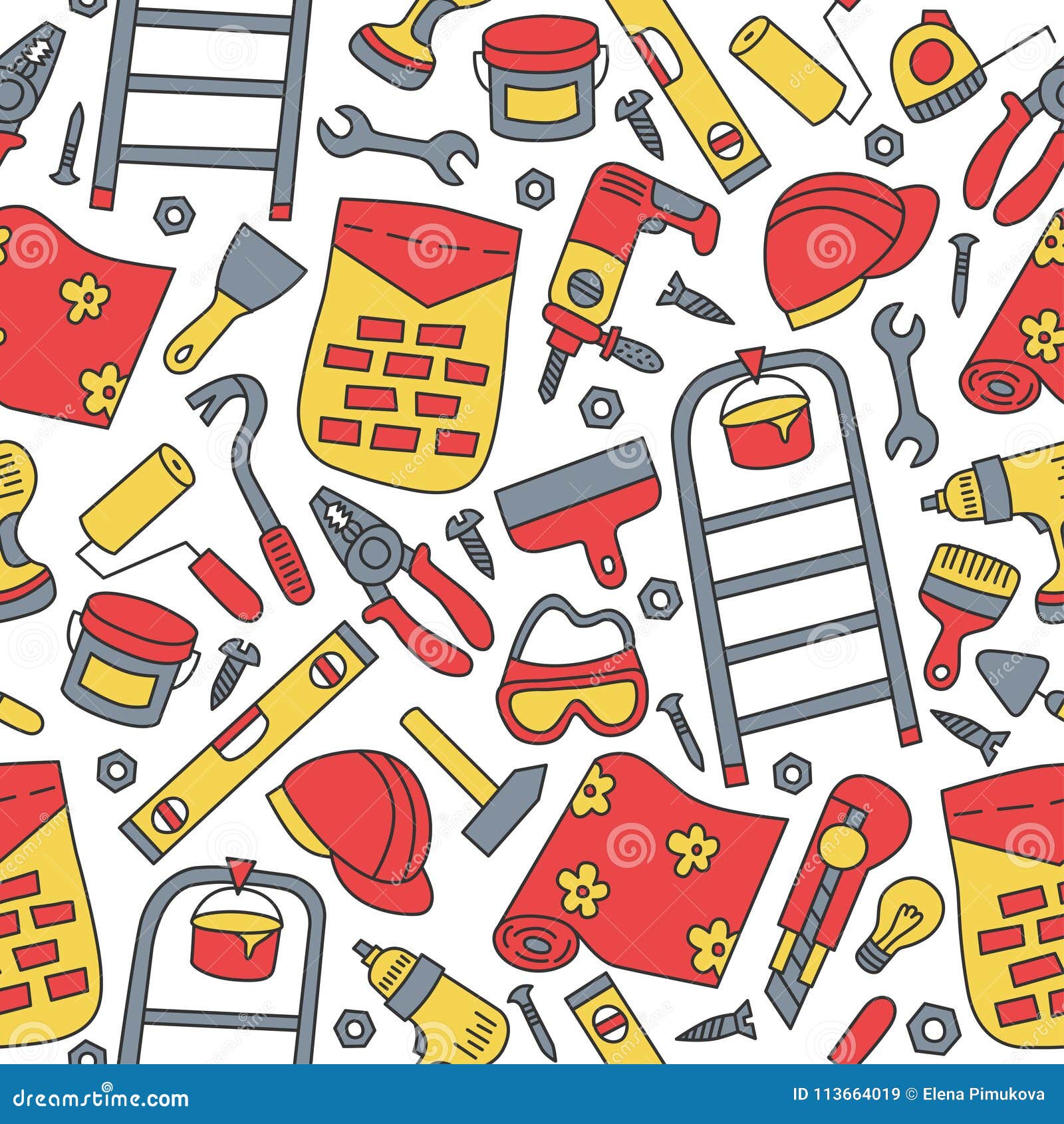 Repairs. Building Tools. Seamless Pattern in Doodle and Cartoon Style ...