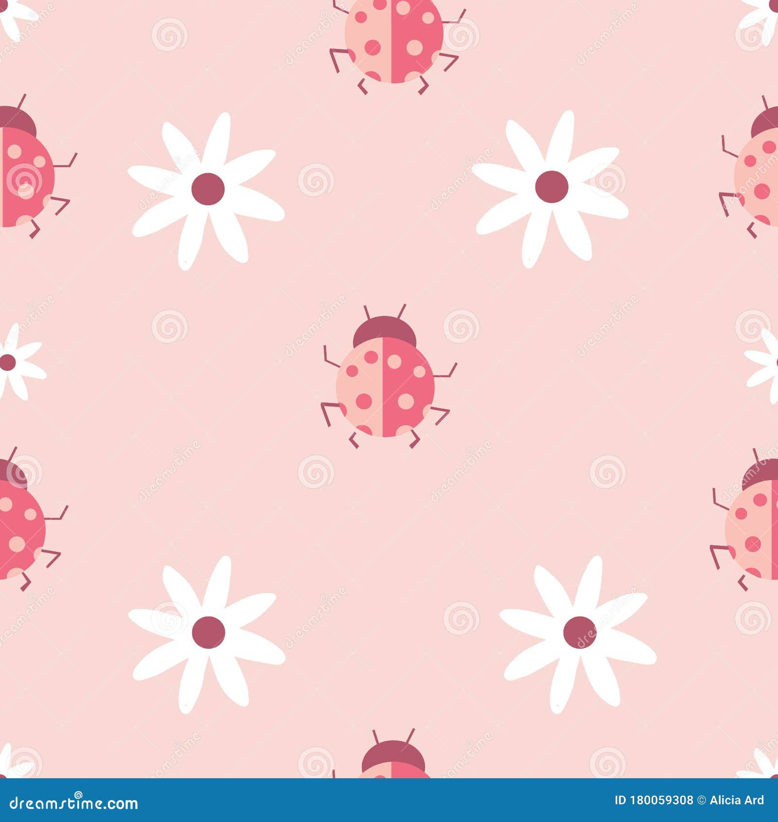 Repeat Daisy Flower and Ladybug Pattern with Pink Background. Seamless ...