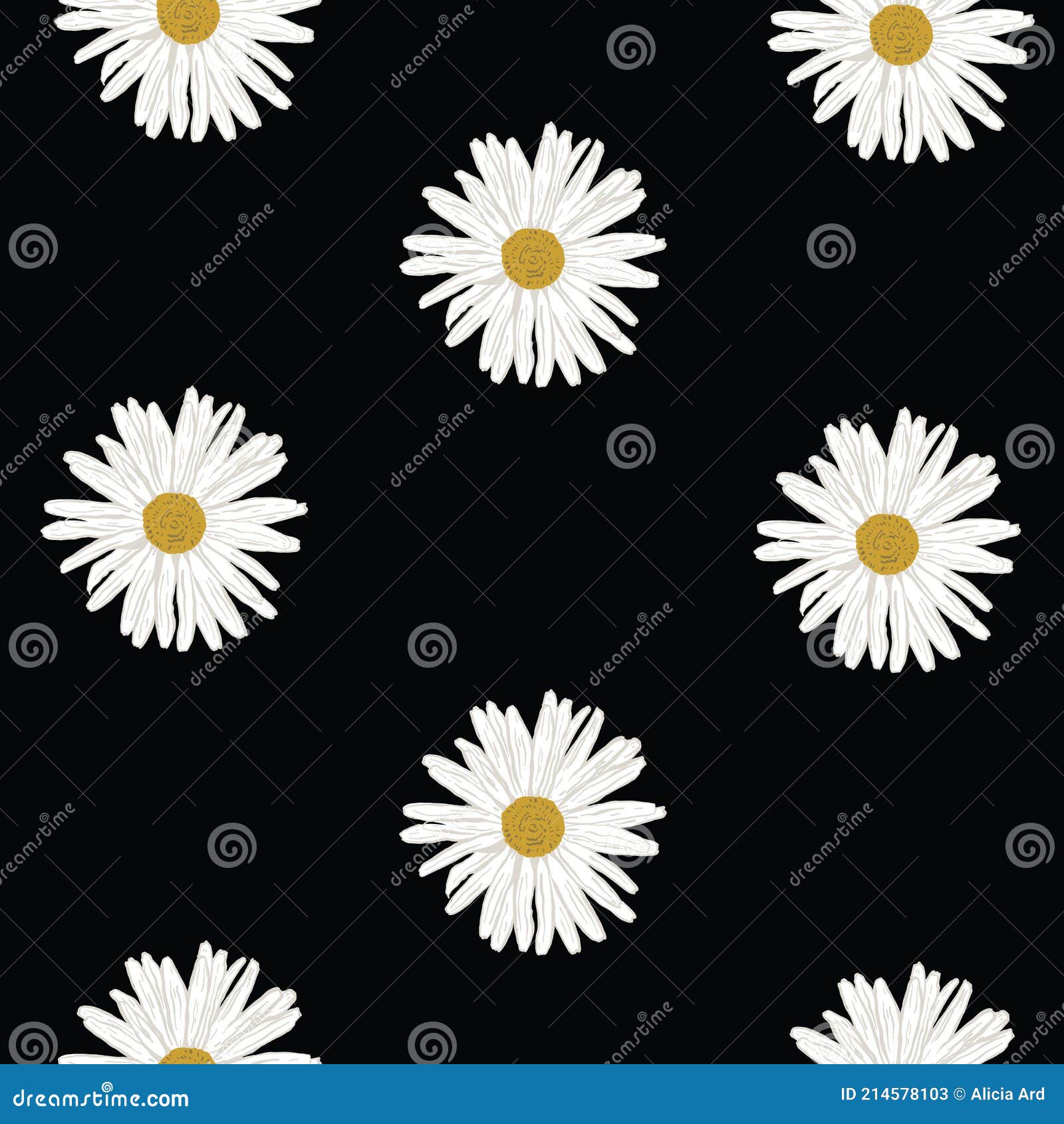Repeat Daisy Flower Pattern with Black Background. Seamless Floral ...