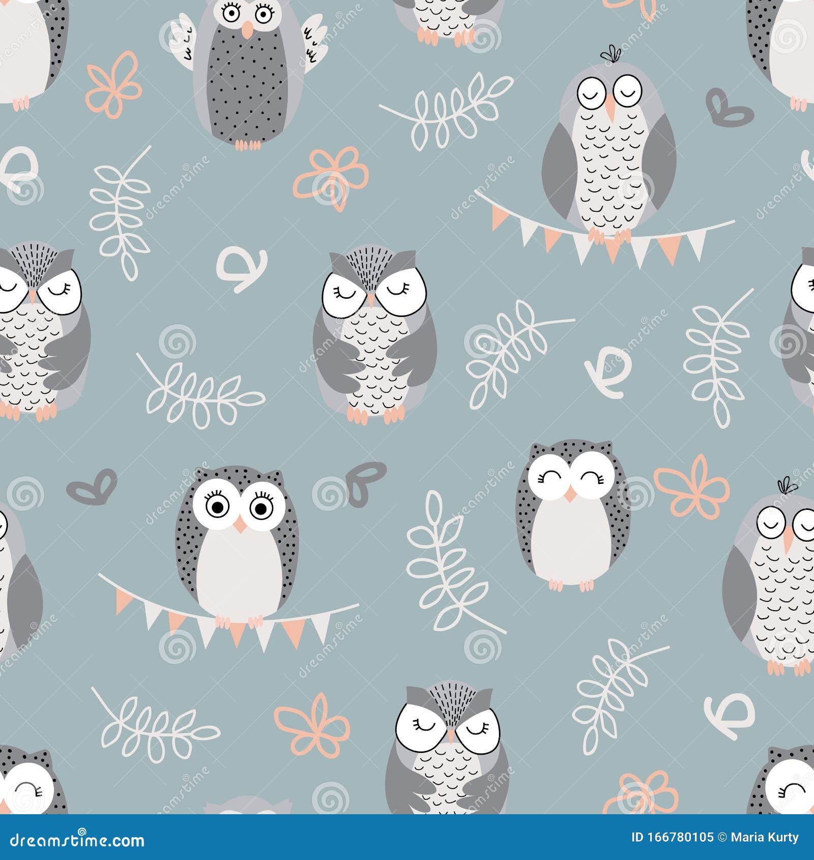 Repeat Pattern With Cute Owls On Green Background Stock Vector ...