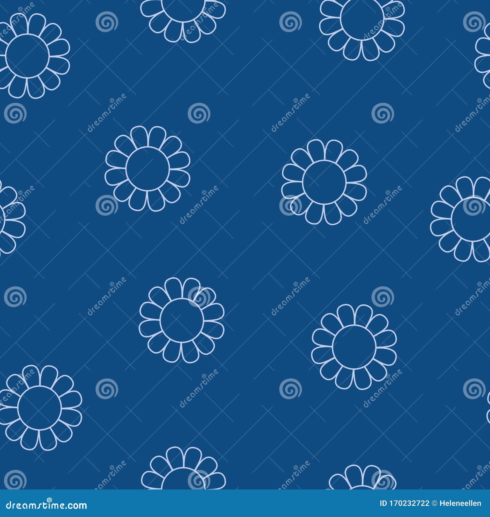 Repeat Pattern of Simple White Outline Flowers on the Classic Blue ...