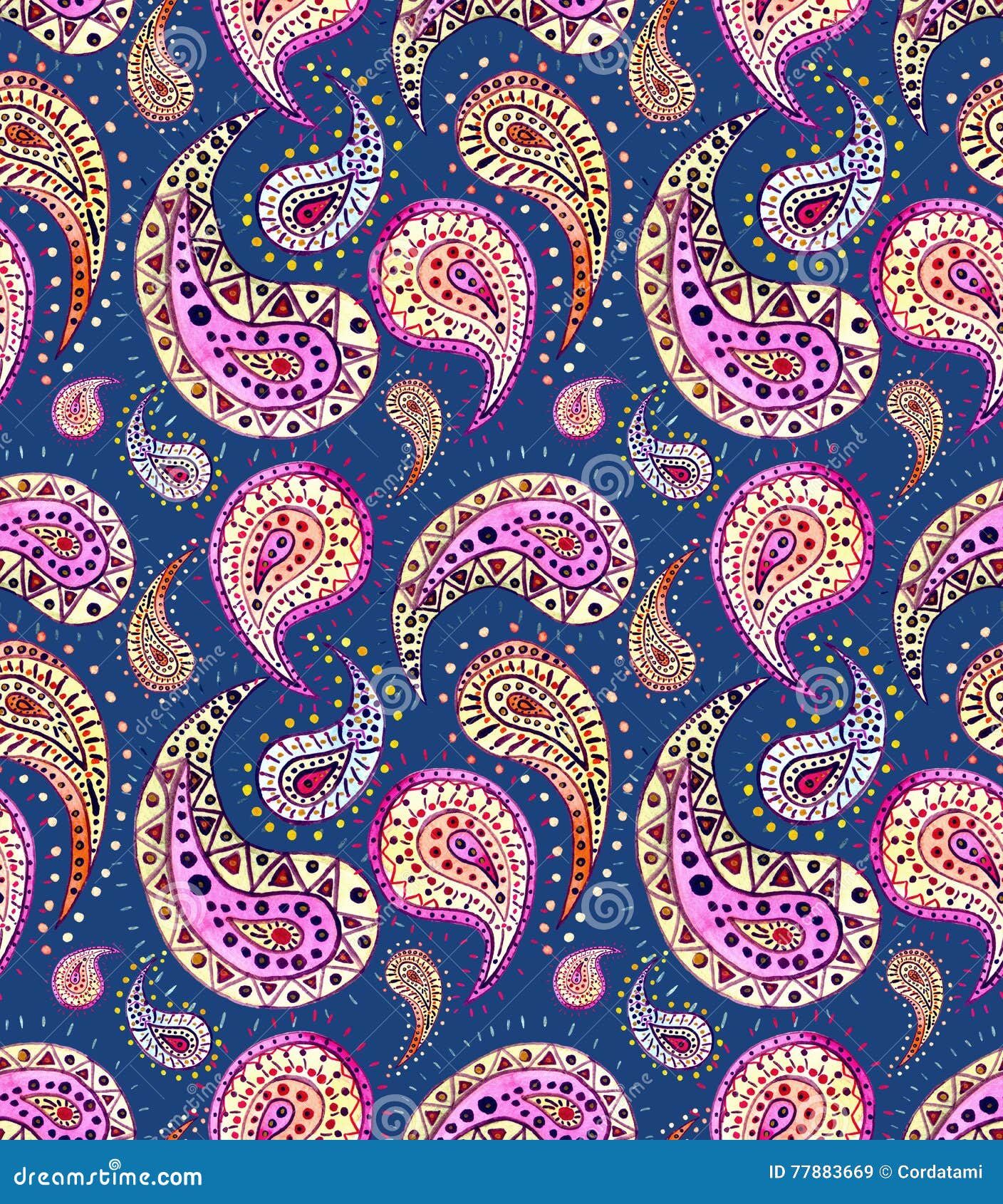 Repeat Pattern with Watercolor Bright Pink Paisley on Blue Background ...