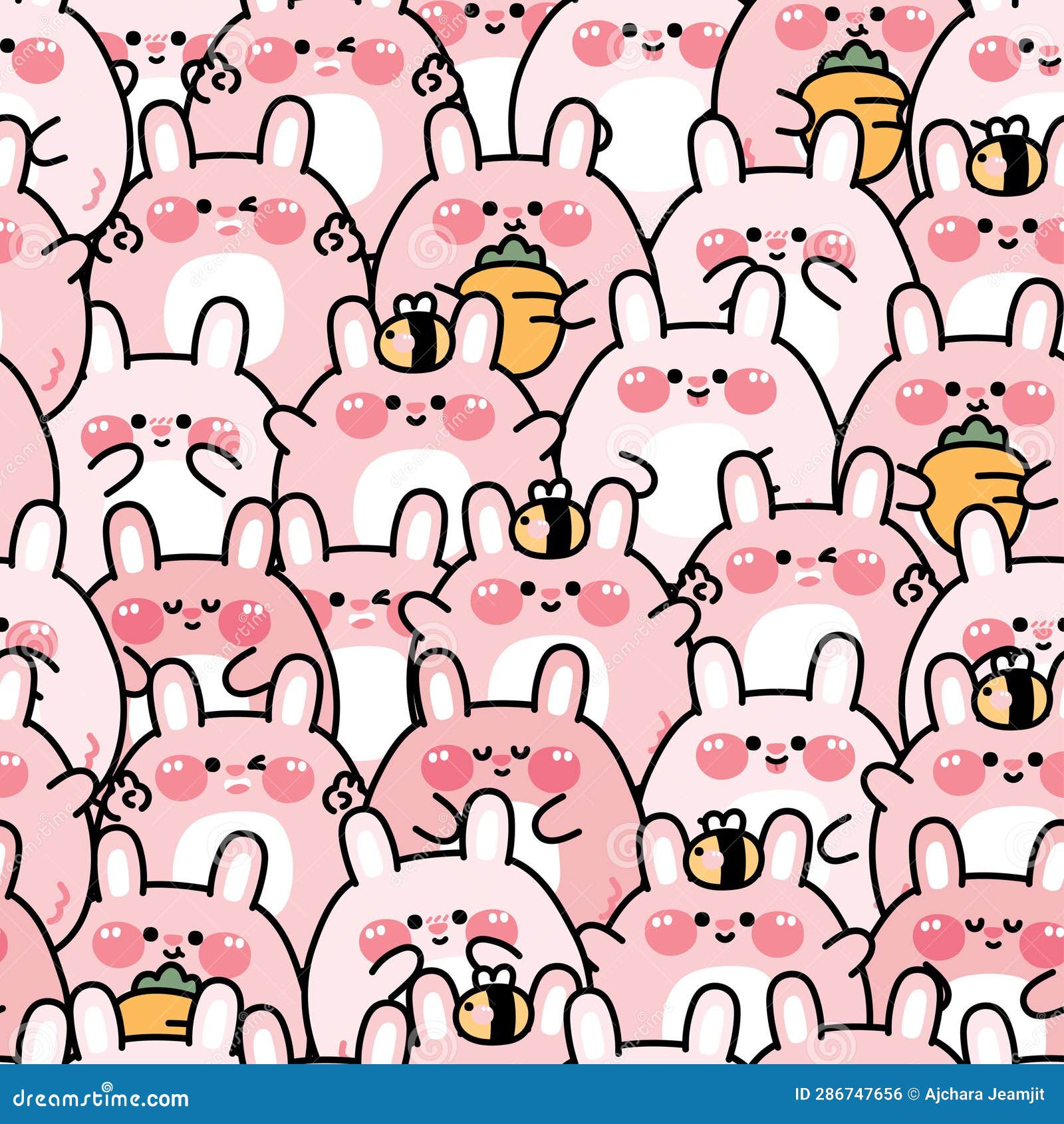 Repeat.Seamless Pattern of Chubby Rabbit in Various Poses with Bee ...