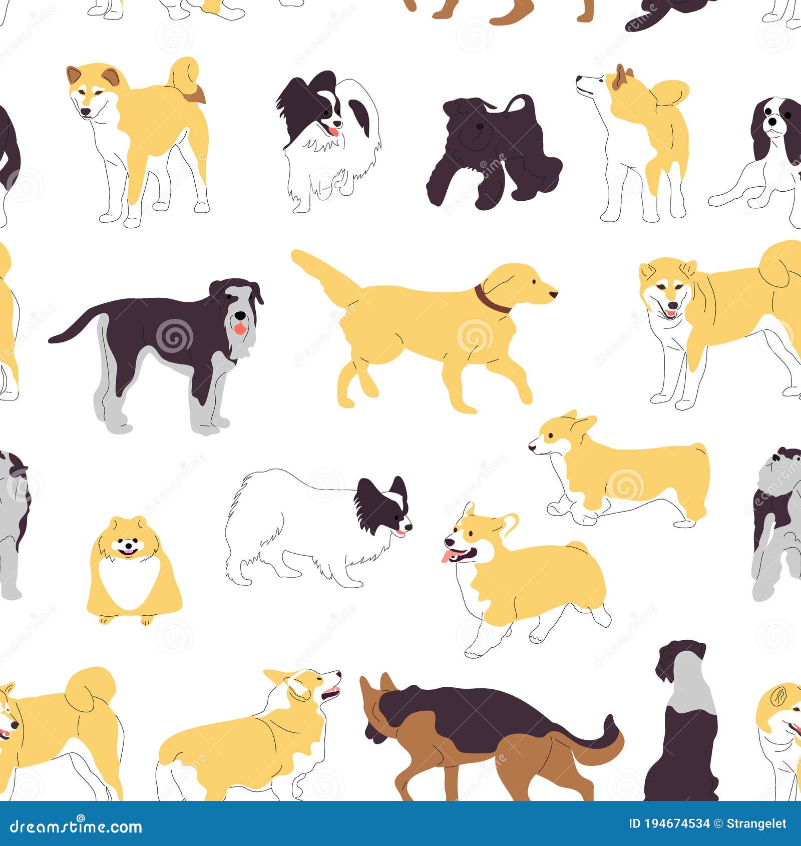 Repeat Seamless Pattern with Flat Style Different Cute Dogs on White ...