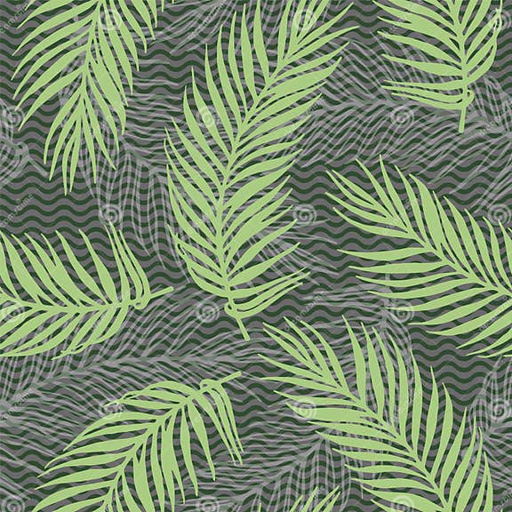 Repeat Tropical Palm Leaves Vector Pattern. Botanical Elements Over Waves Stock Vector ...