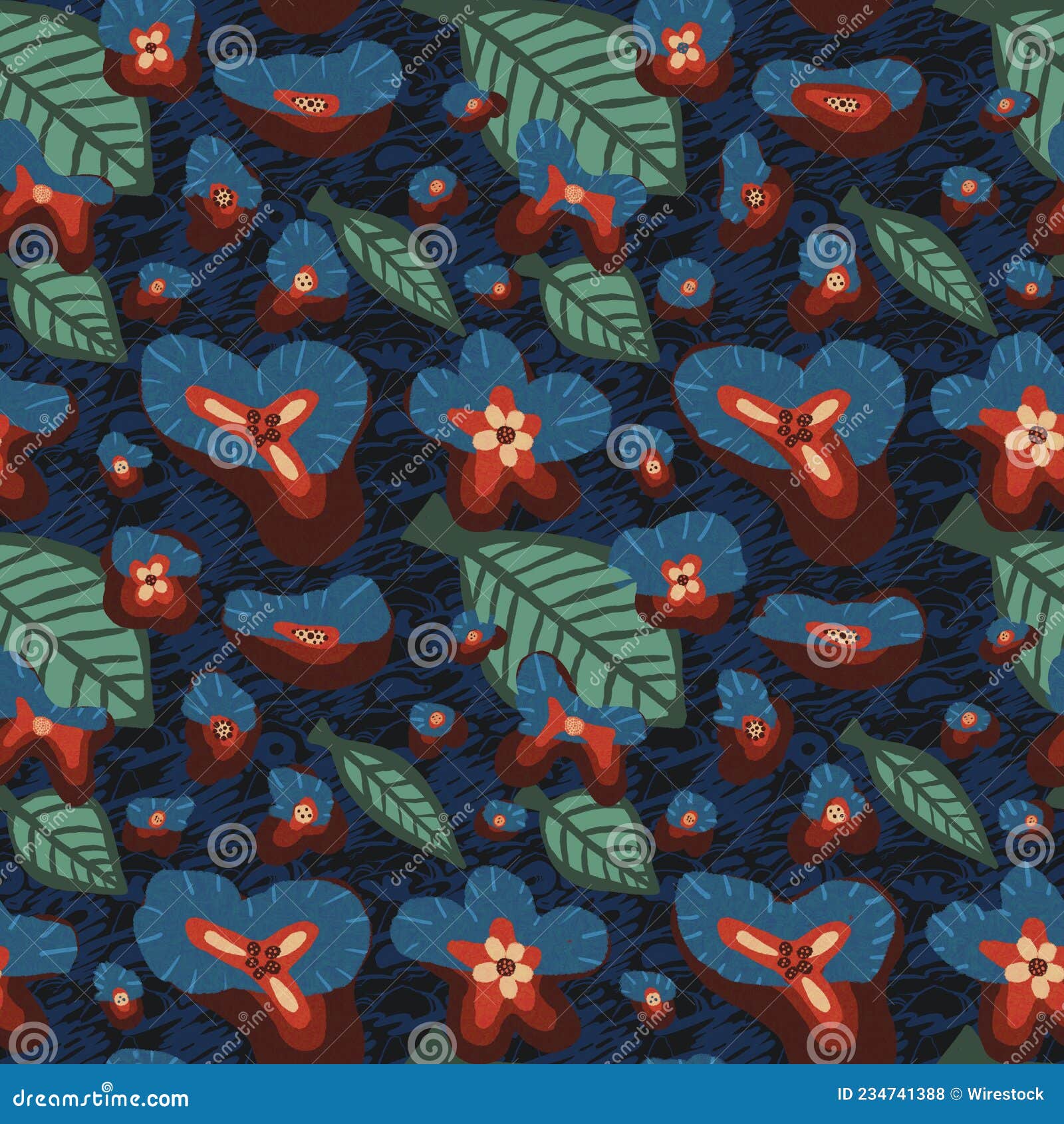 Repeatable Pattern of Leaves and Flowers on a Dark Background Stock ...