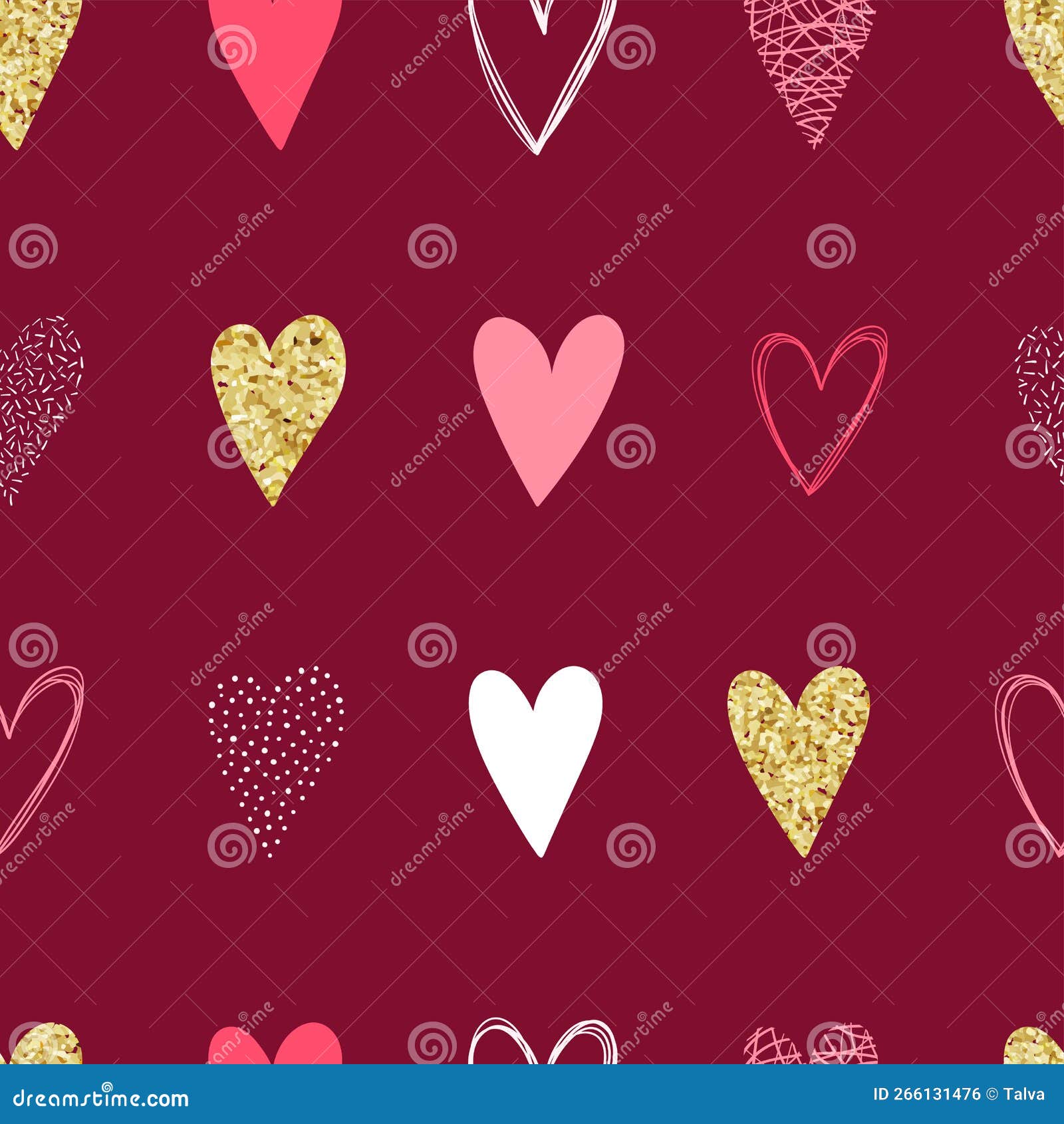 Repeated Hearts Seamless Pattern, Hand Drawn with Gold Glitter Effect ...