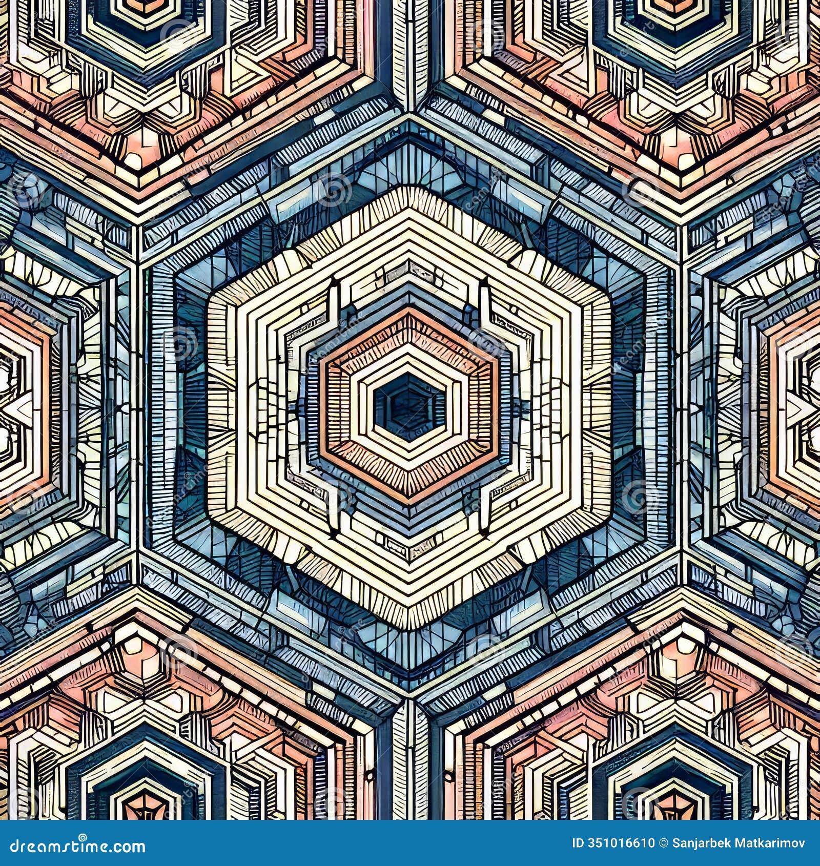 Repeated Hexagon Patterns with Internal Geometric Lines and Colo Stock ...