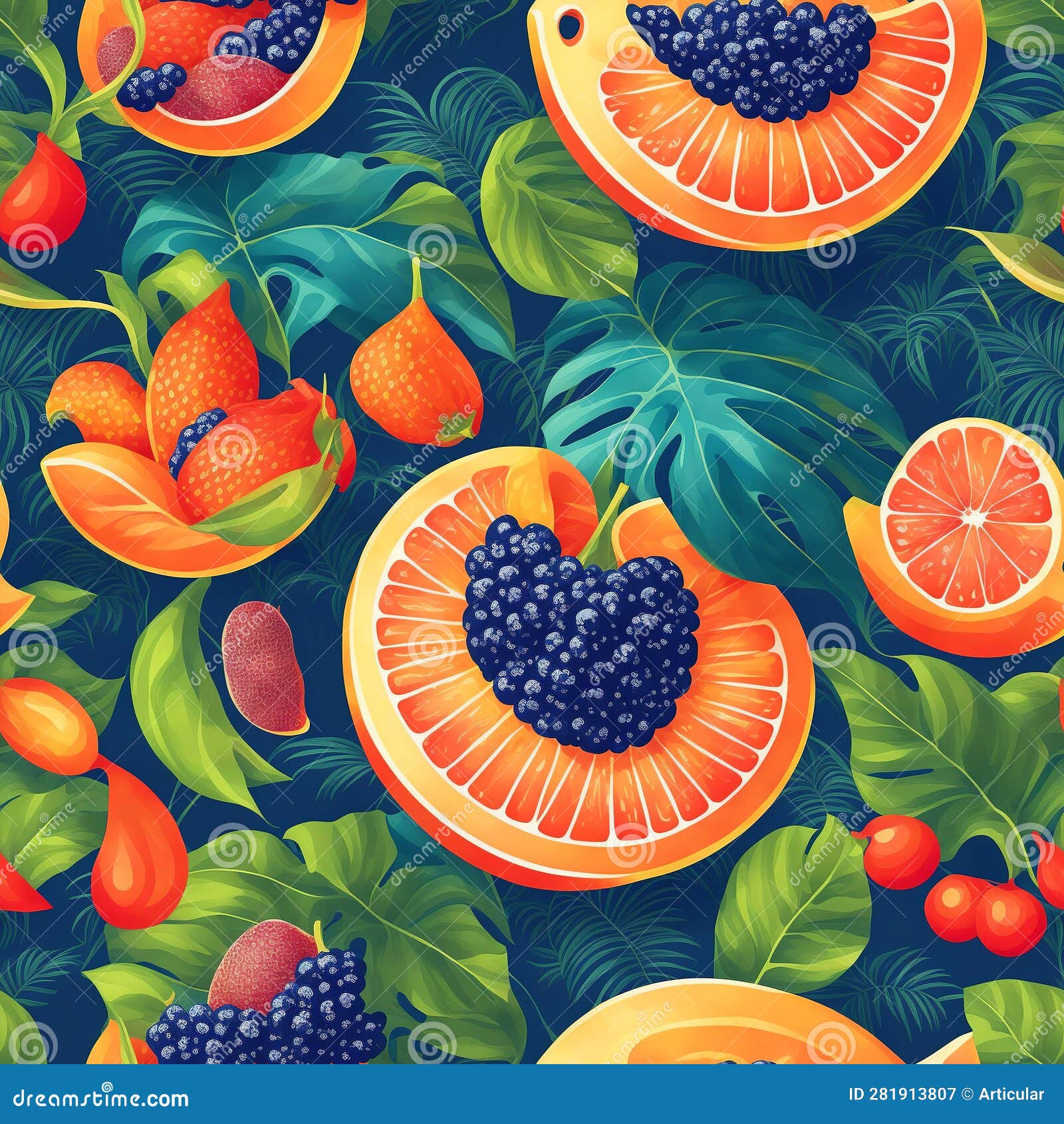 Repeated Seamless Pattern Design with Fresh Tropical Fruit and Green ...