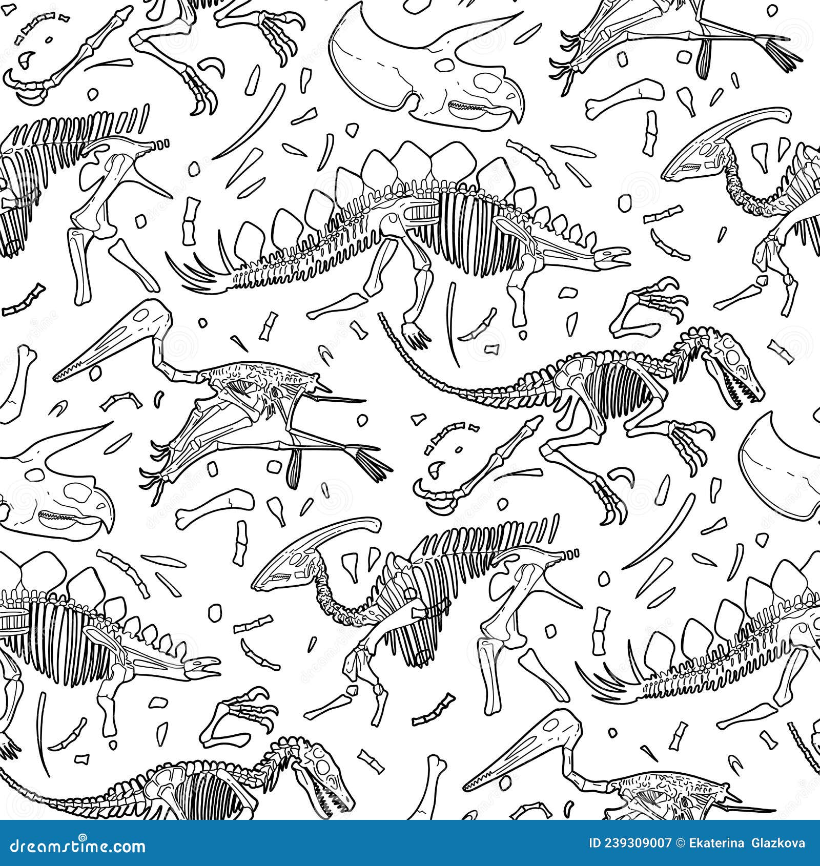 Repeated Seamless Pattern of Dinosaurs Fossils on a White Background ...