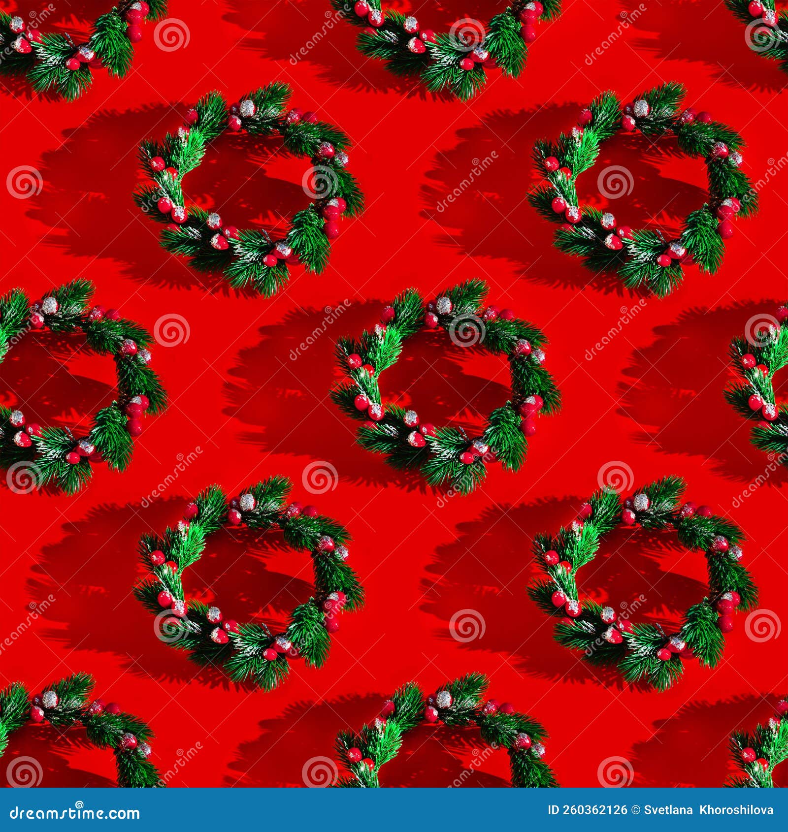 Repeating Christmas Wreath Pattern with Shadow on a Red Background ...