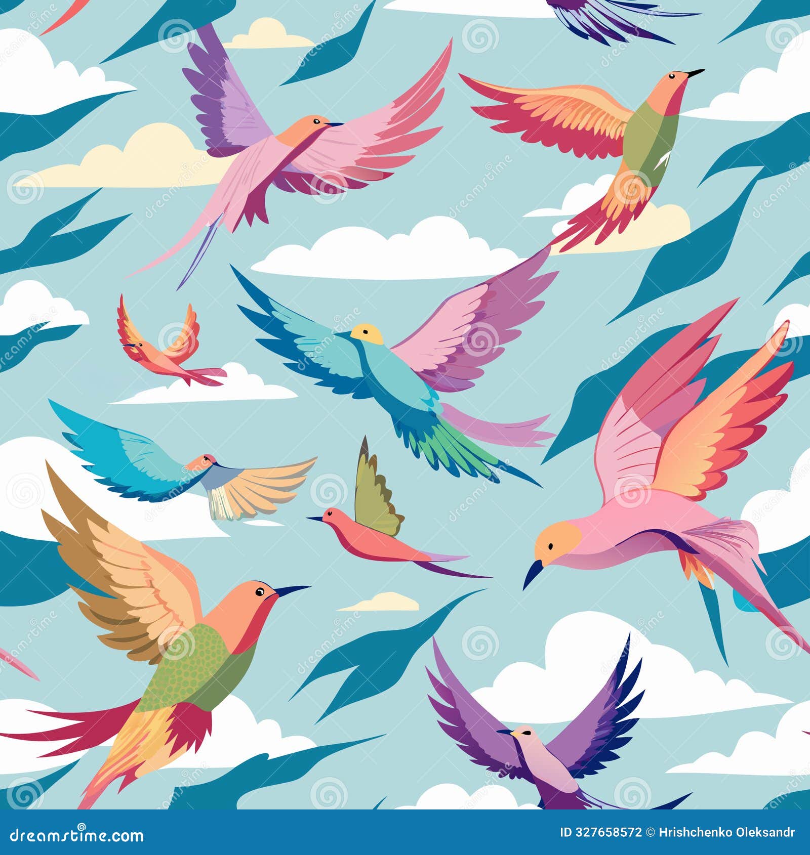Repeating Pattern of Birds Flying among the Clouds in Pastel Colors ...