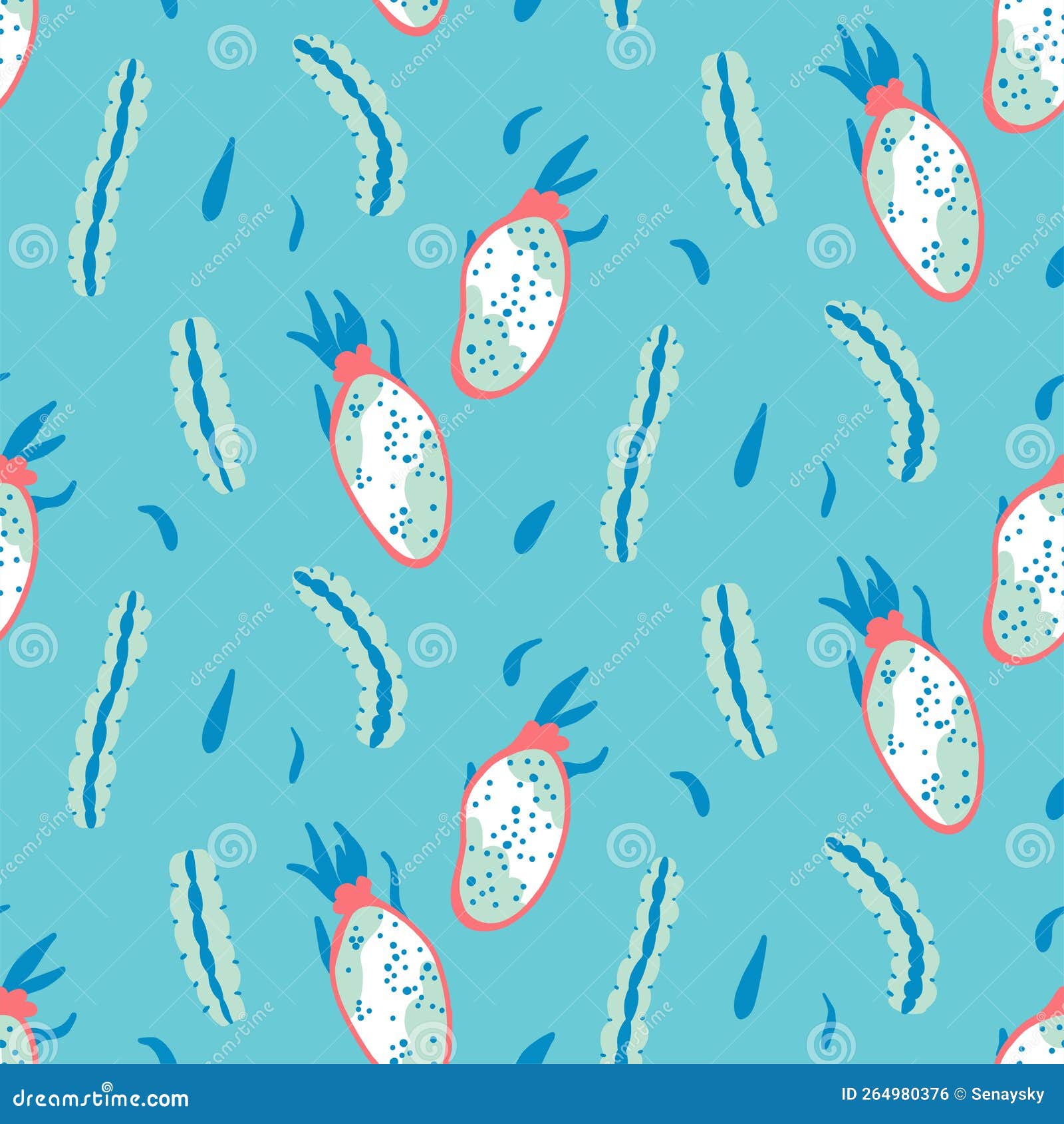 Repeating Pattern with Dragon Fruit, Fruits and Leaves on a Blue ...