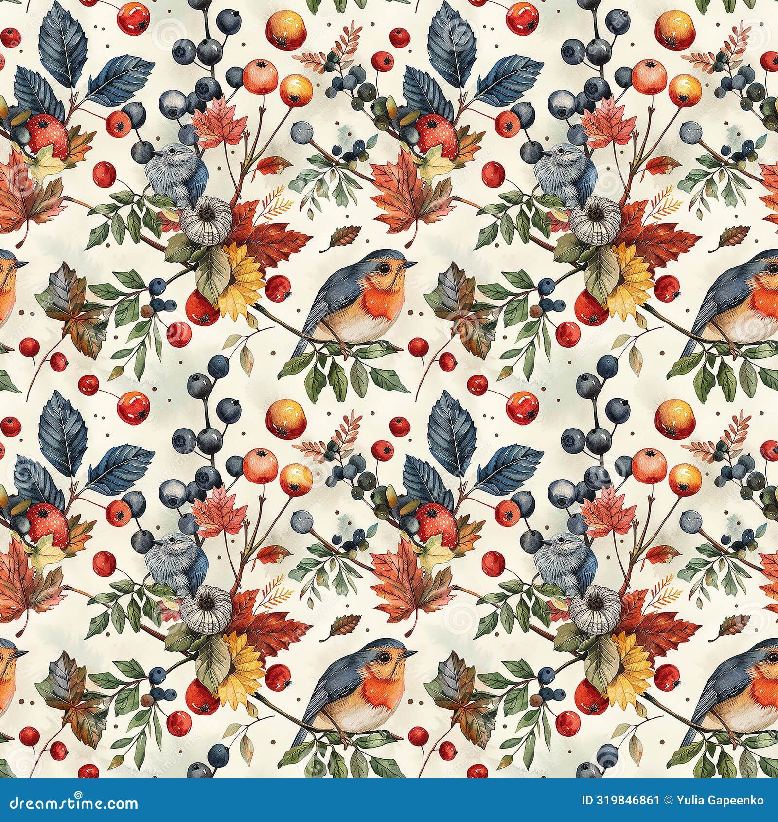 Bird and Berry Pattern on White Background Stock Image - Image of ...