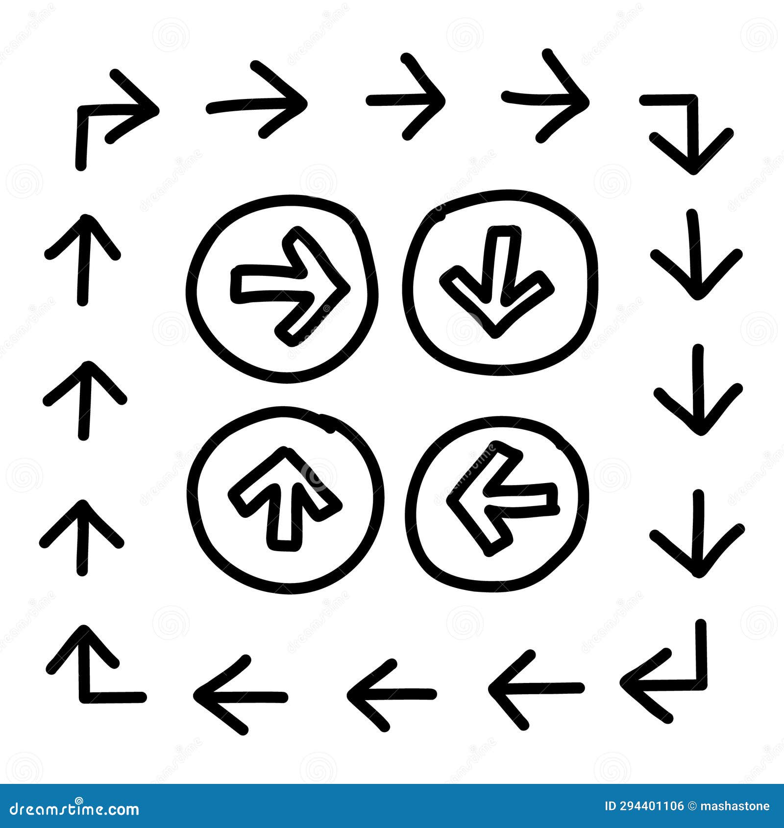 Hand Drawn Arrows Moving Clockwise in Square. Vector Black Bold Line ...