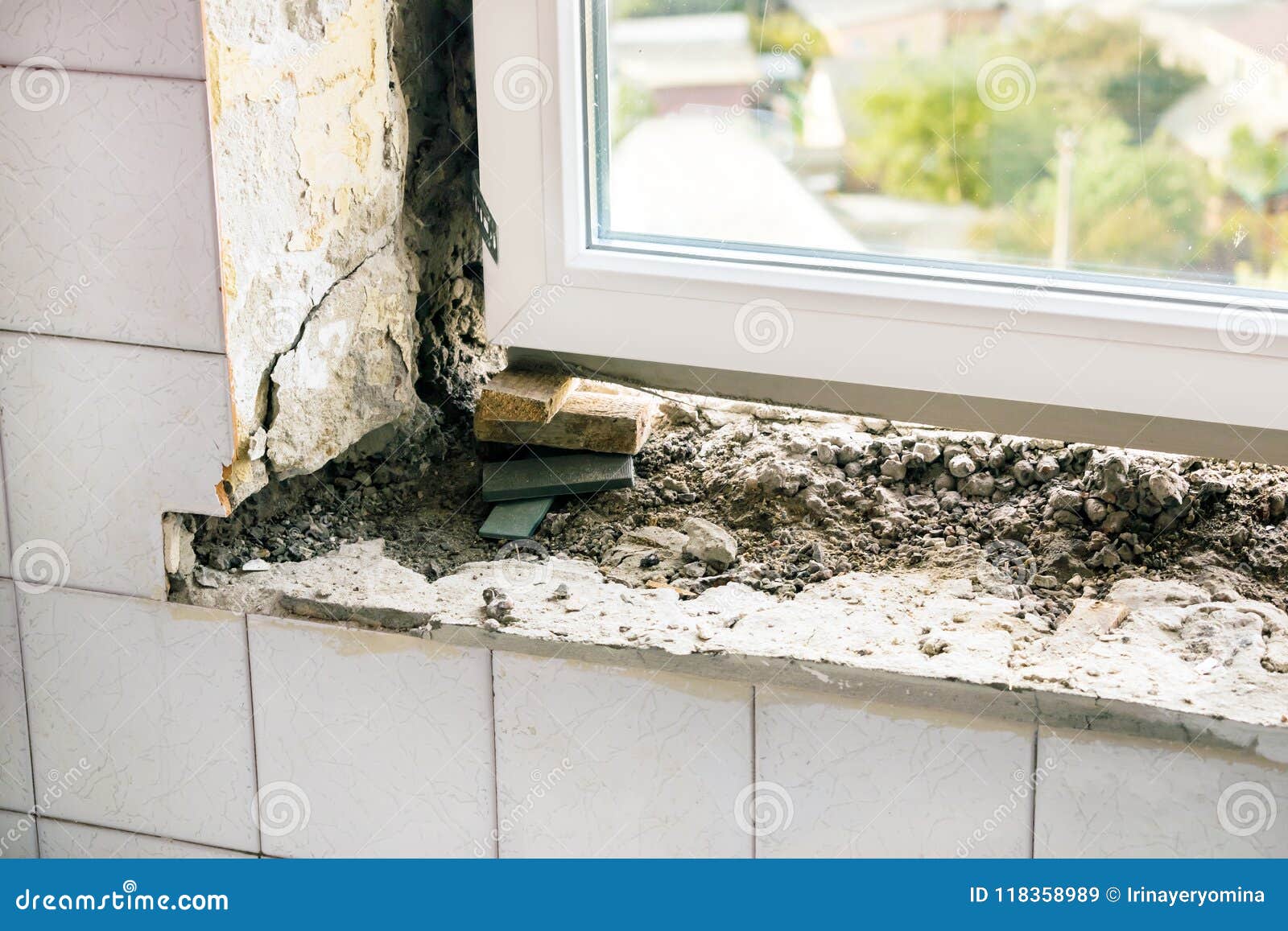 Replacement Of Metal Plastic Window In The House. Destroyed Concrete ...