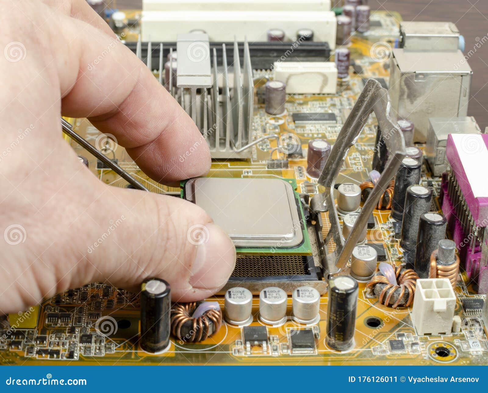 Replacement of the Processor on the Motherboard Close-up Stock Image ...