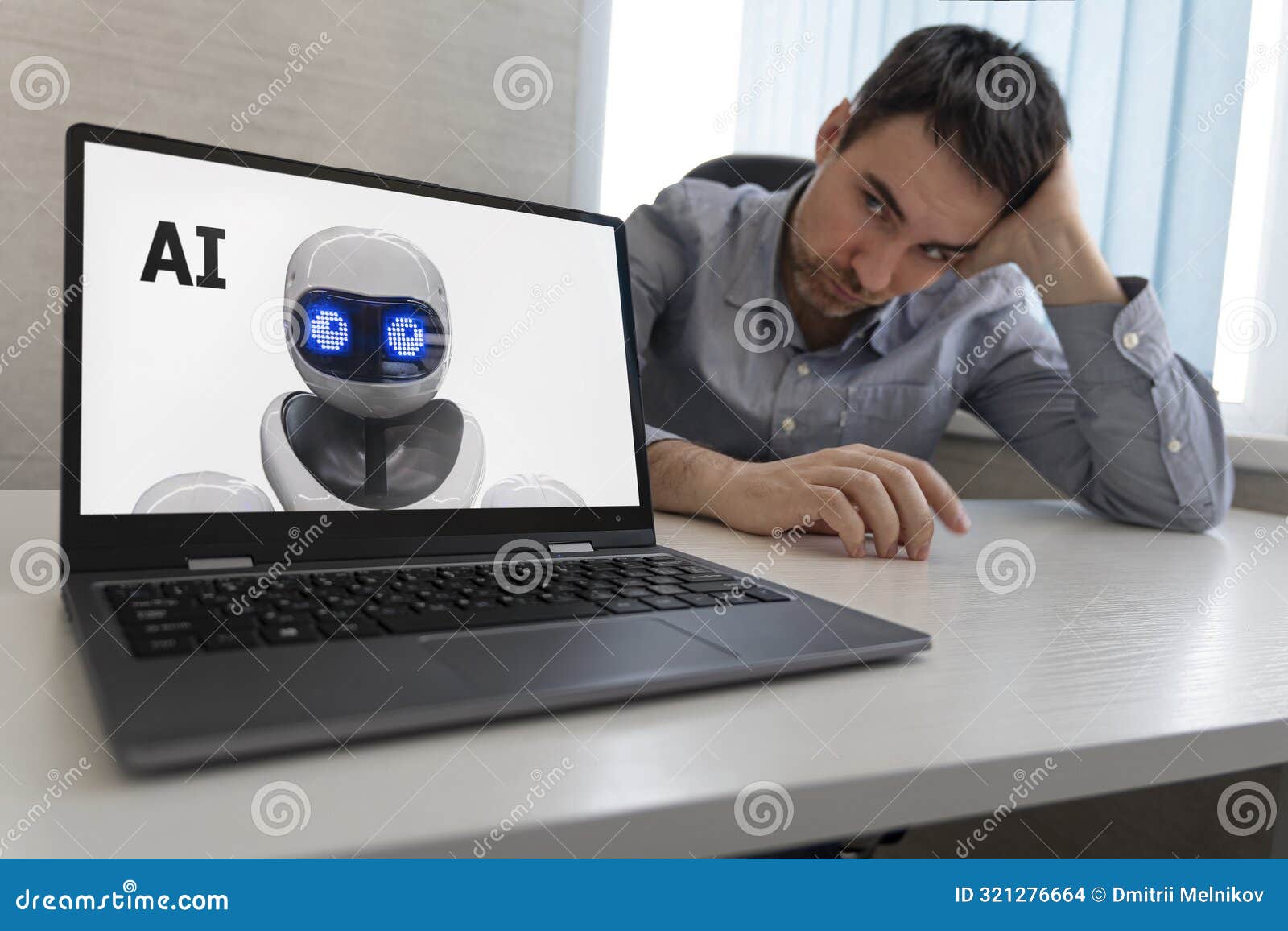 Replacing Person with Artificial Intelligence. Employee is Sitting at ...