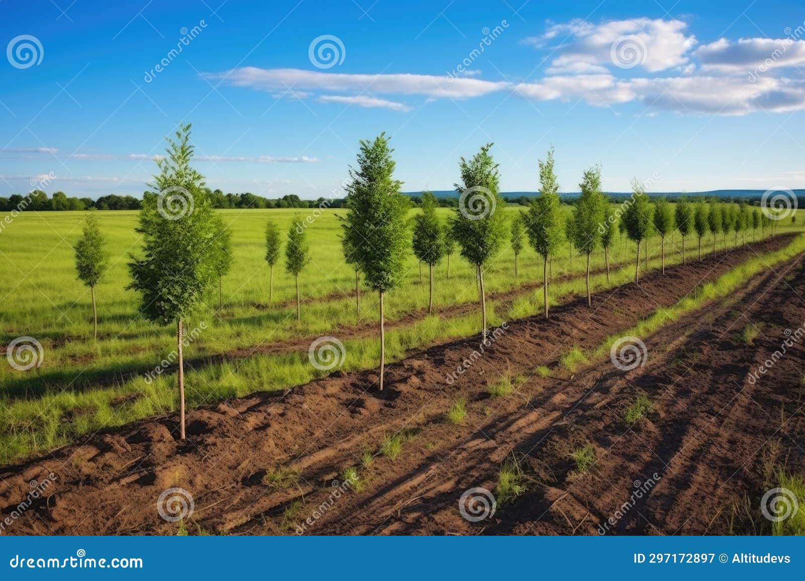 Replanted Trees in a Grassy Field Stock Image - Image of replanted ...
