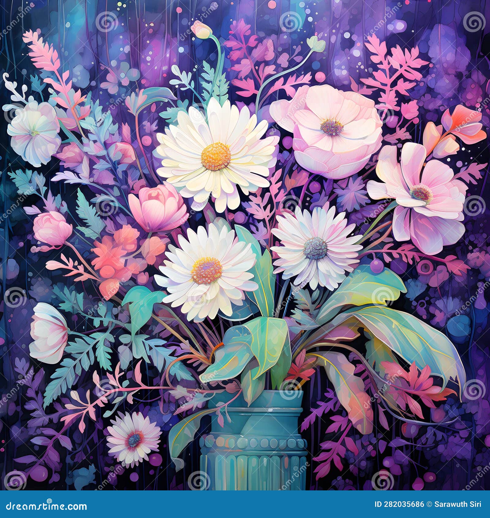 Watercolor Floral Background with Gerberas, Daisies and Leaves ...