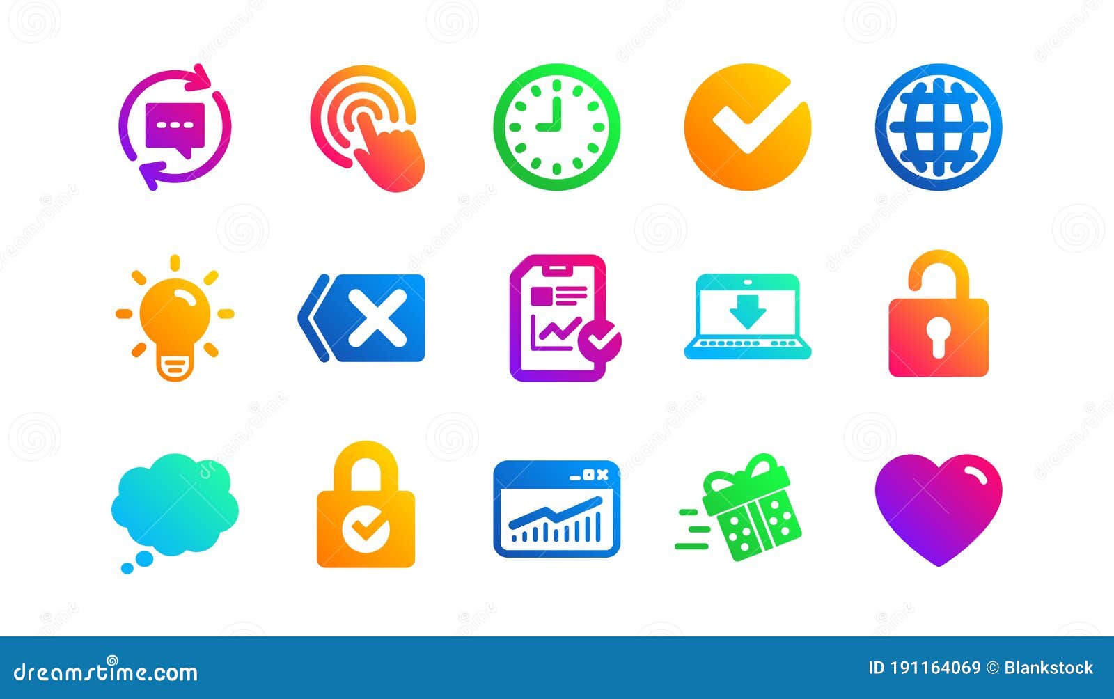 Report, Time and Globe Icons. Statistics, Light Bulb and Gift Box ...