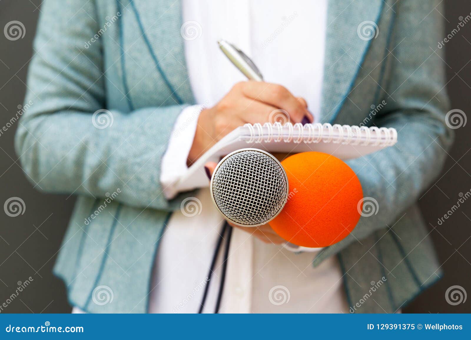 Journalist at News Conference, Holding Microphone, Writing Notes Stock ...