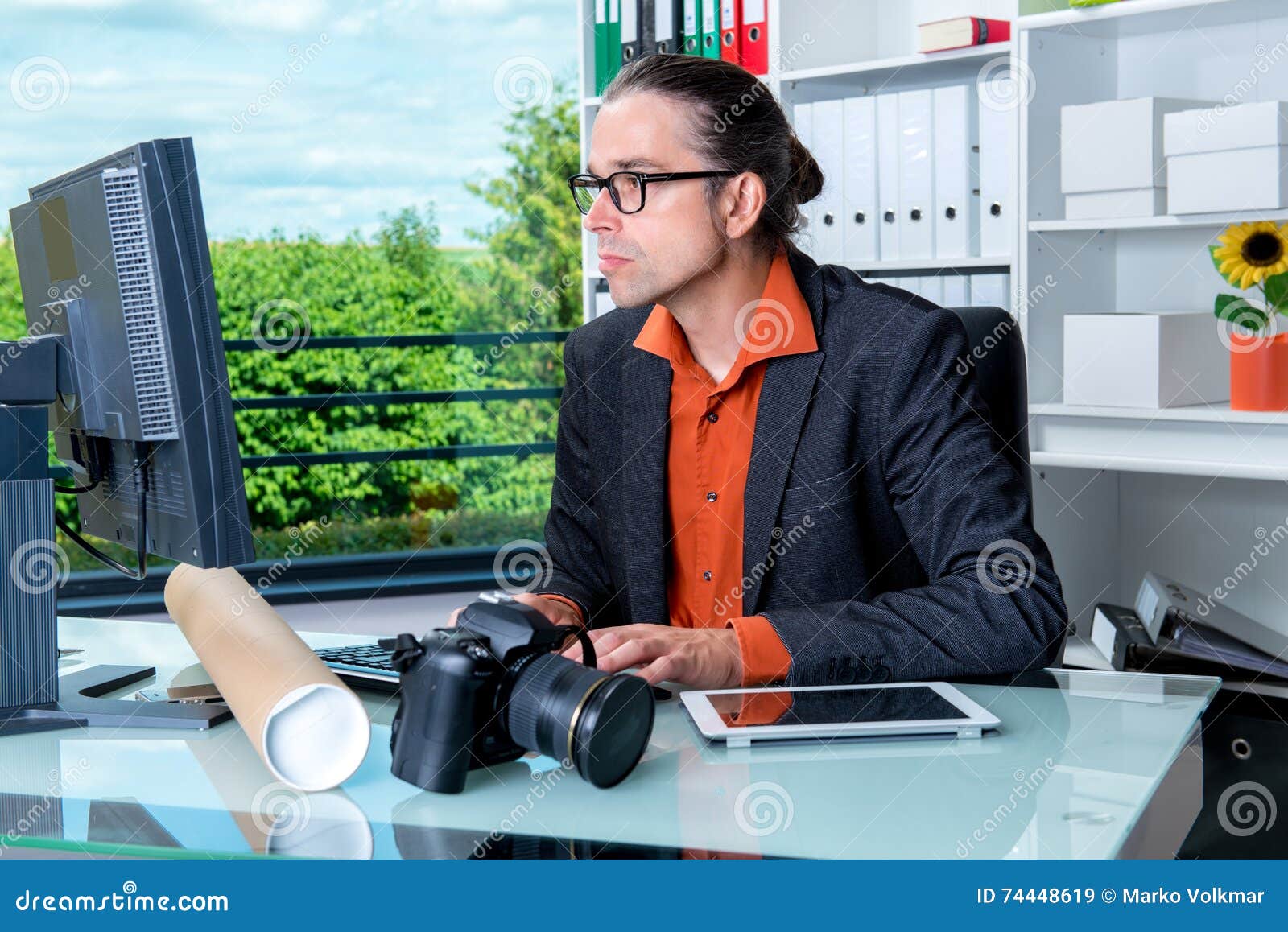 Reporter Working in Editorial Office with Computer Stock Image - Image ...
