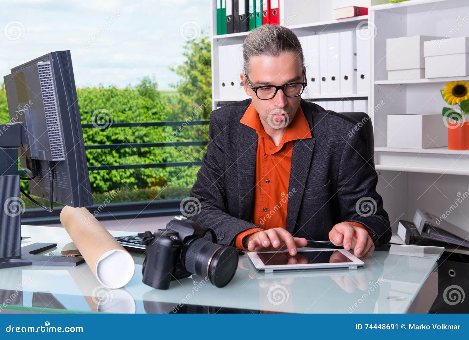Reporter Working in Editorial Office with Tablet Computer Stock Image ...