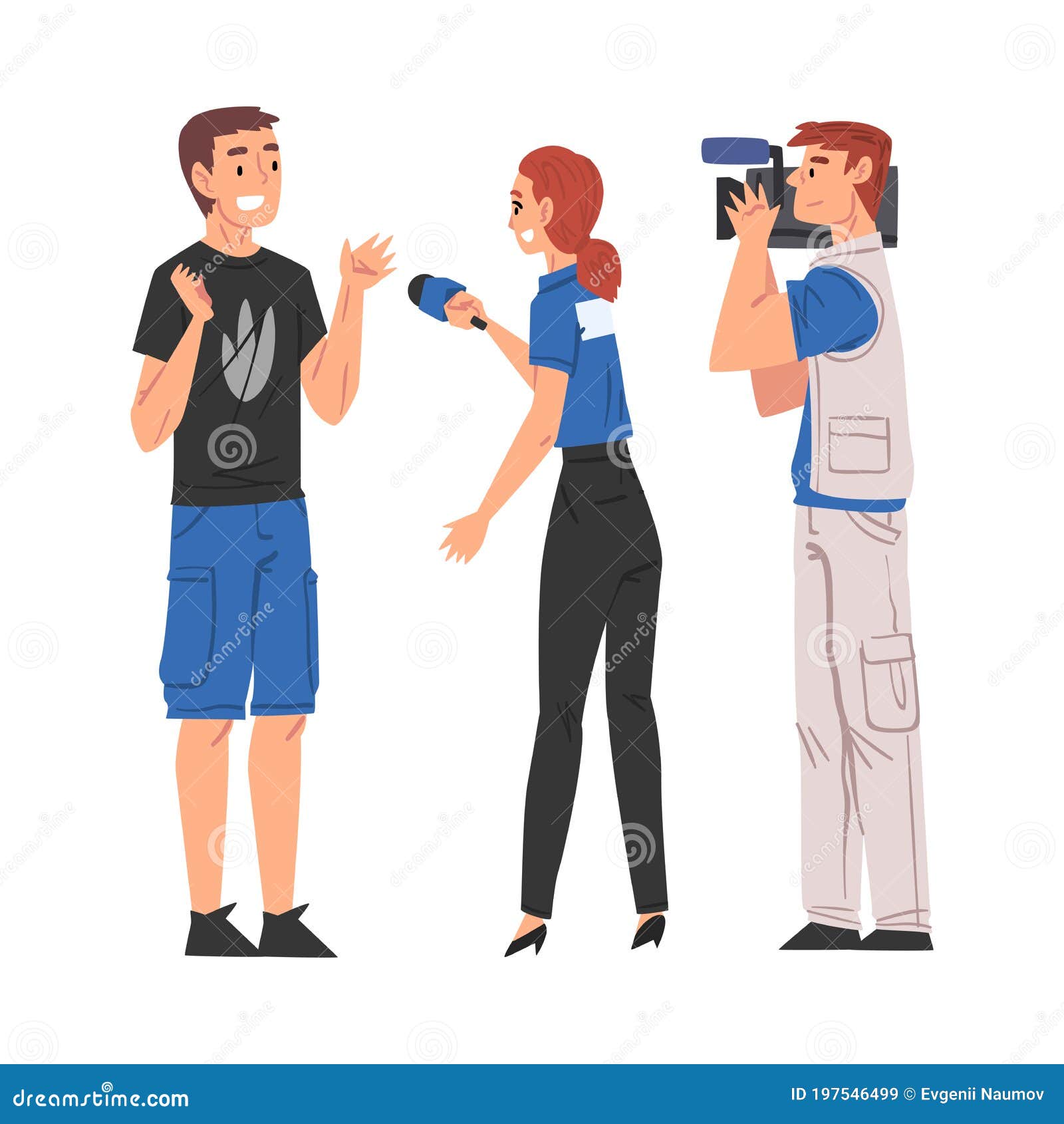 Reportera Con Micrófono Entrevistando A Un Joven Cámara Fotográfica