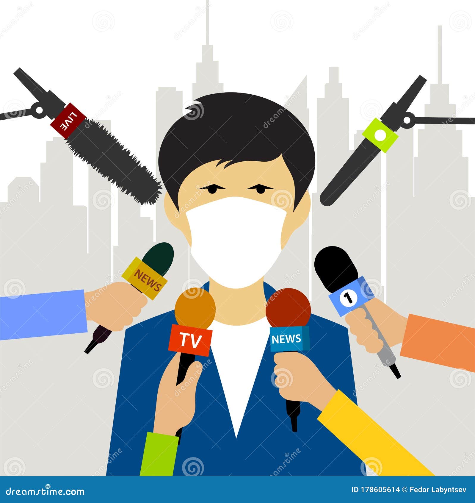 Reporters Interview a Man in a Protective Mask Vector Illustration ...