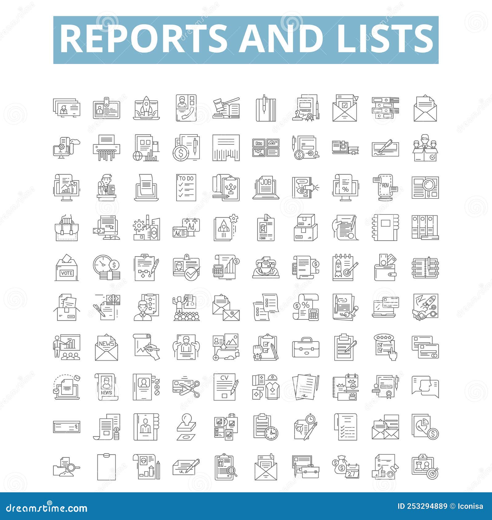 Reports and Lists Icons, Line Symbols, Web Signs, Vector Set, Isolated ...