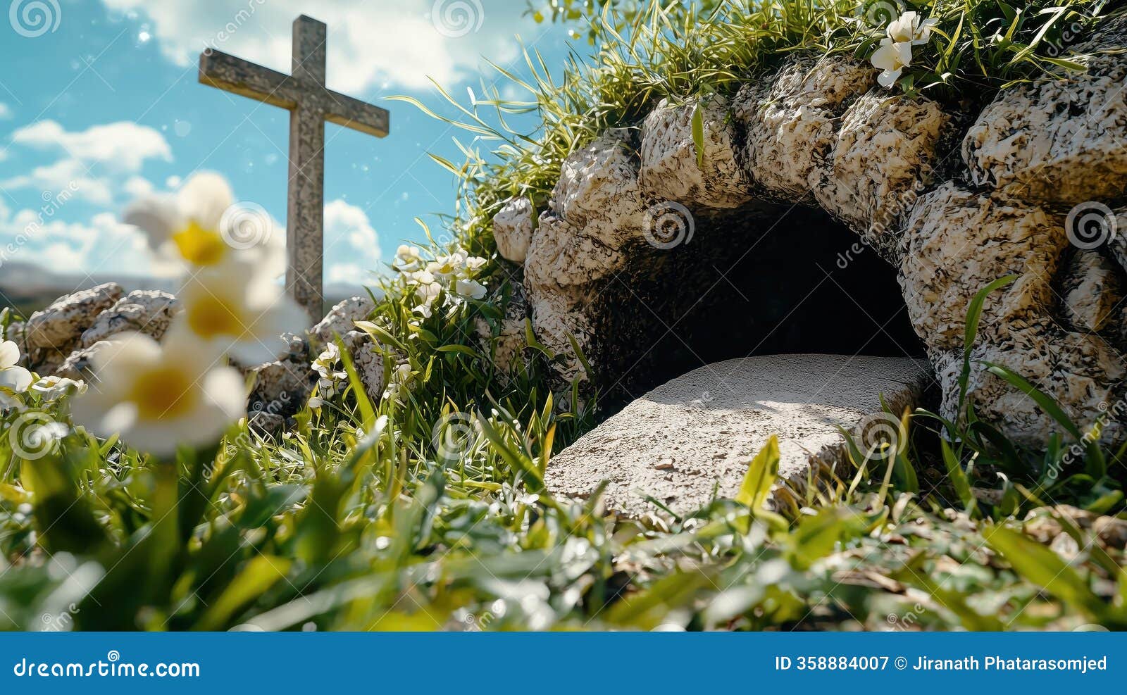 Representation of an Empty Tomb Surrounded by Greenery and Flowers with ...