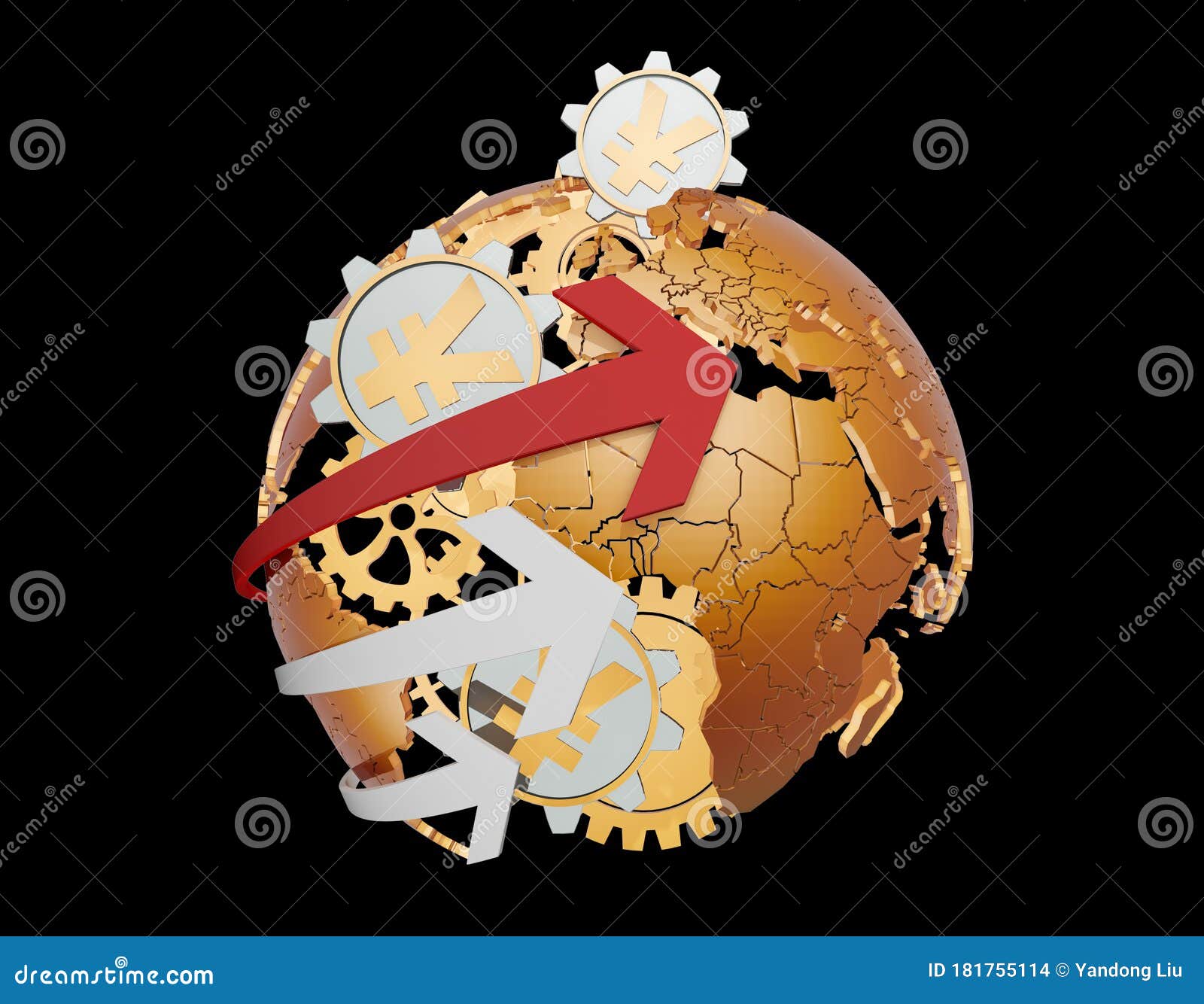 Technology Globe and Gear, RMB Currency Symbol, Global Cooperation and ...
