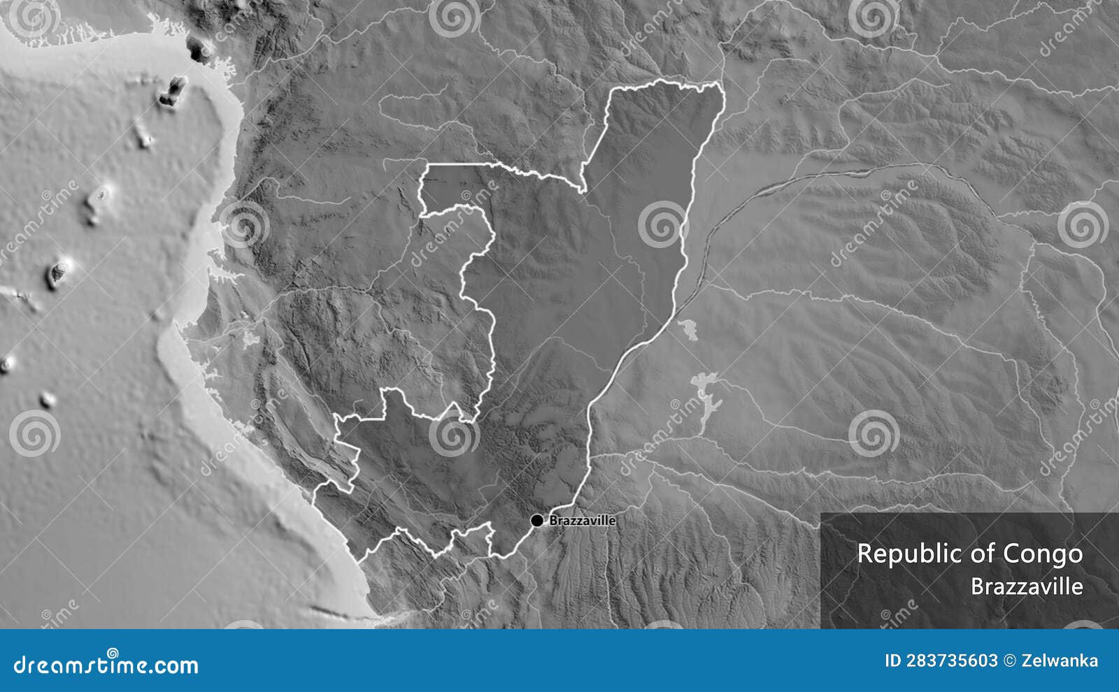 Republic of the Congo Border Shape Overlay. Outlined. Grayscale. Stock ...