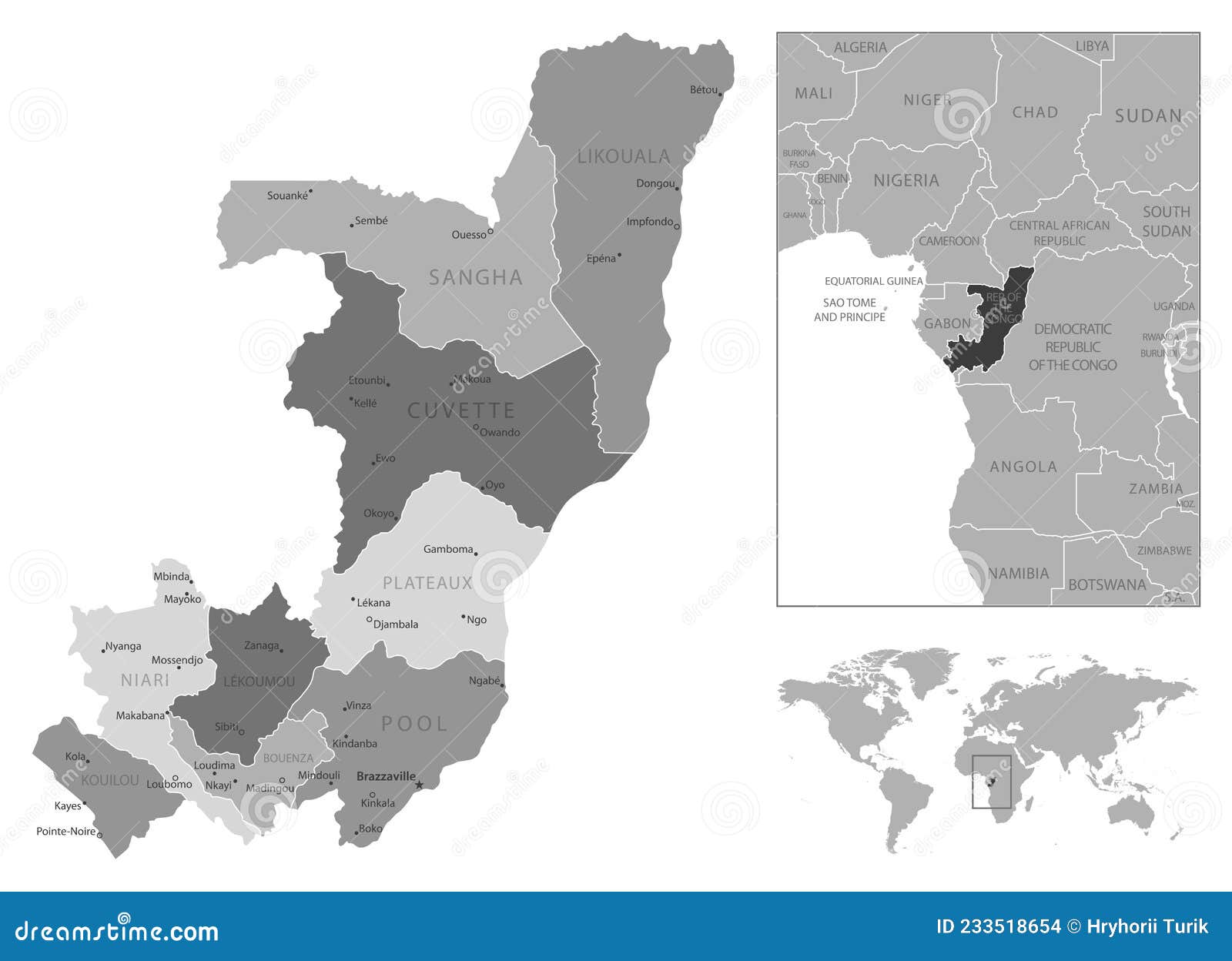 Republic of the Congo - Highly Detailed Black and White Map. Stock ...