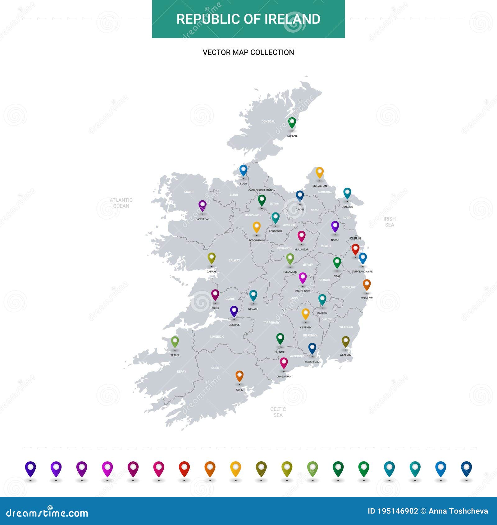 Republic of Ireland Map with Location Pointer Marks. Stock Vector ...