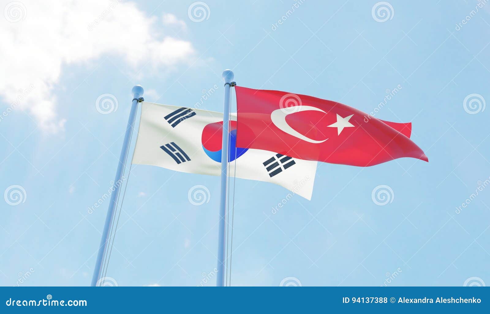 Republic of Korea and Turkey, Two Flags Waving Against Blue Sky Stock ...